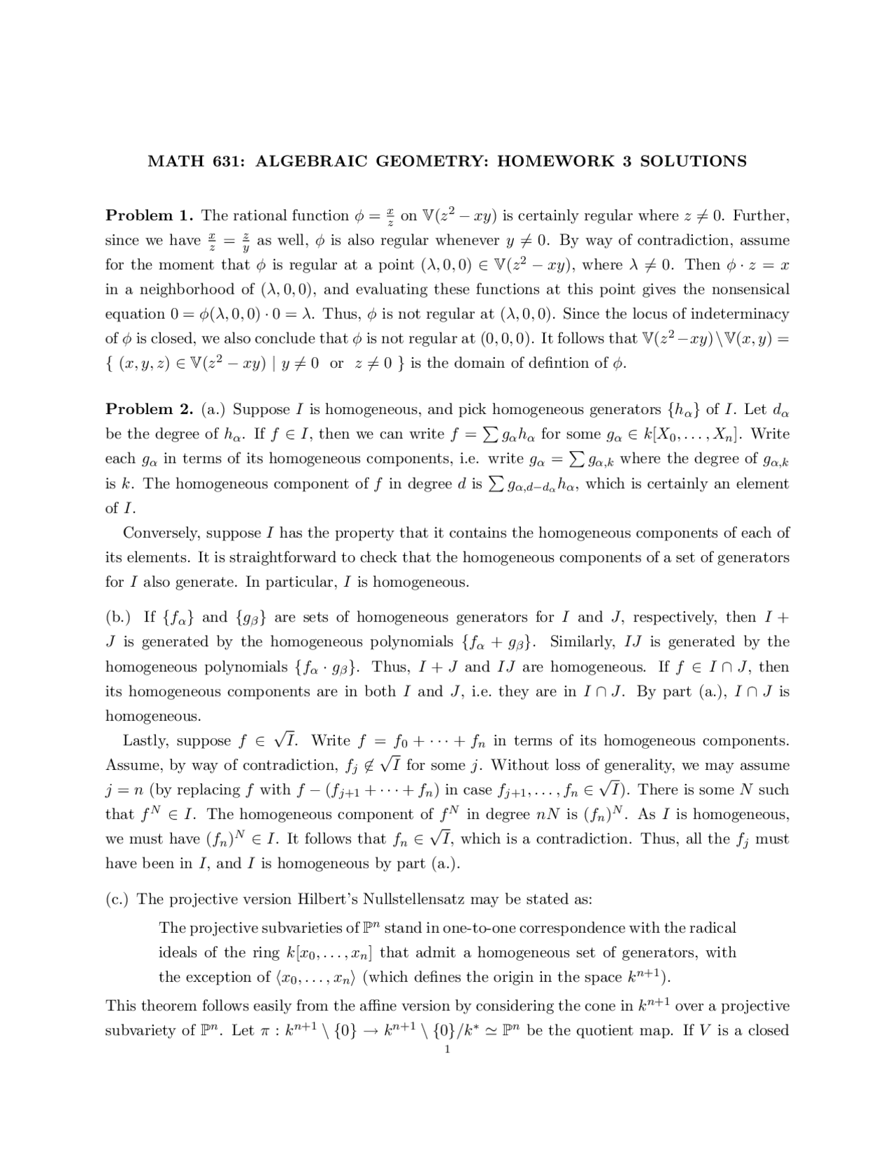Algebraic Geometry I Assignment 3 With Solutions Math 631 Docsity