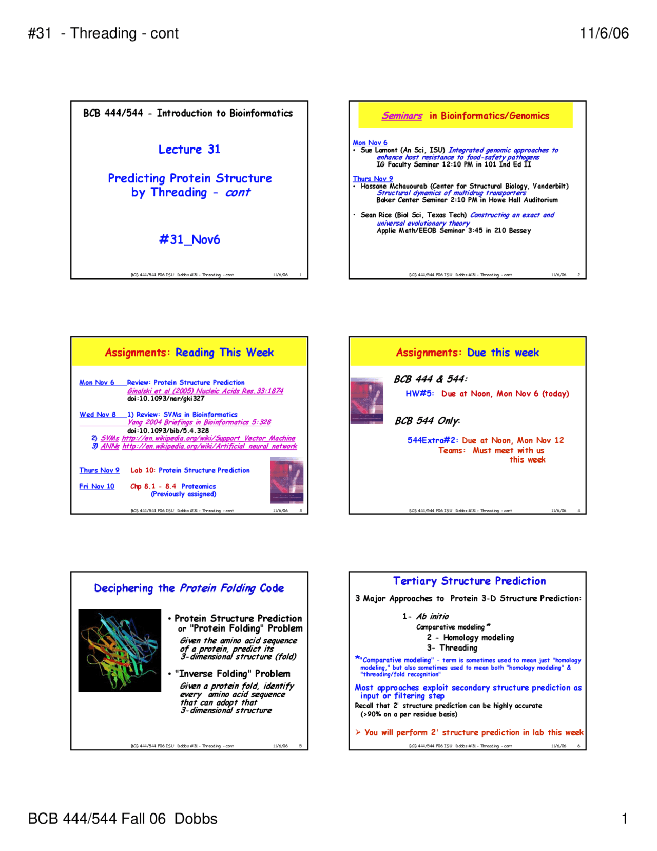 Predicting Protein Structure By Threading Lecture Slides Bcb 444