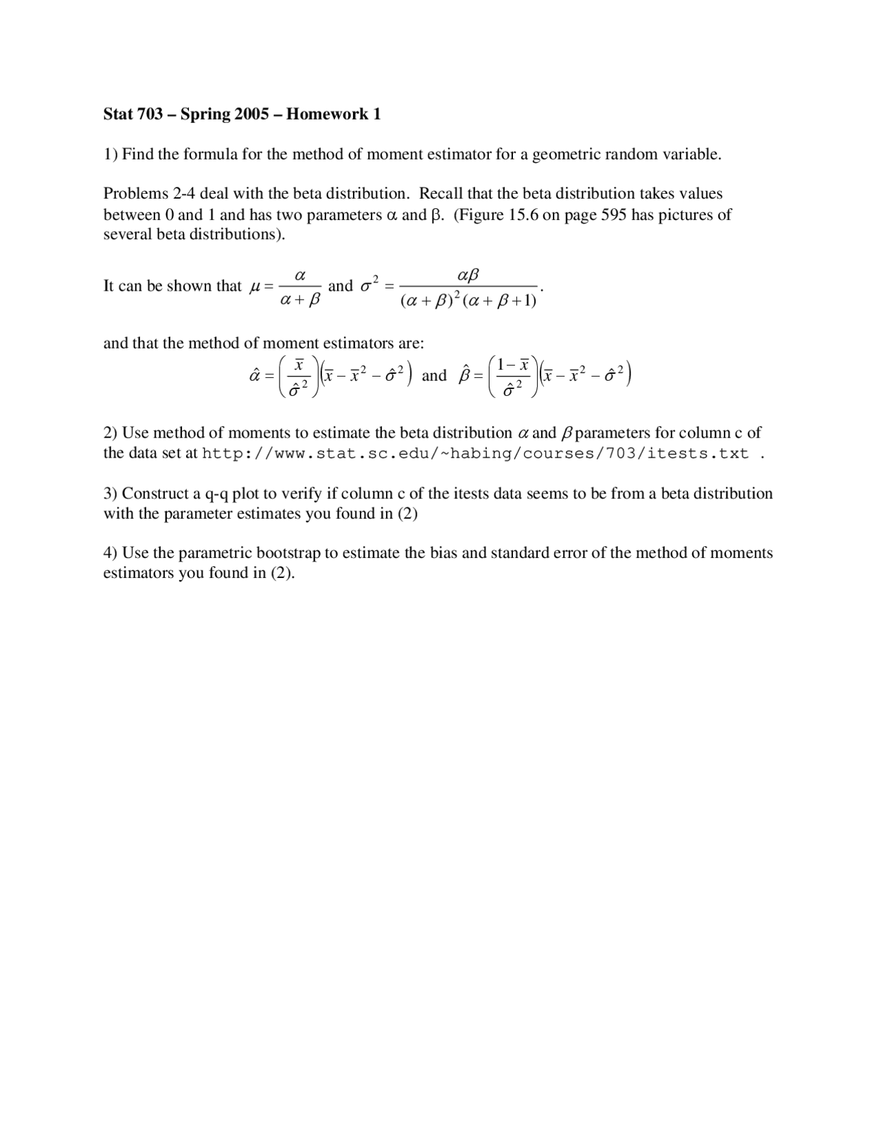 4 Questions For Assignment 1 Introduction Statistics Theory Ii Stat 703 Docsity