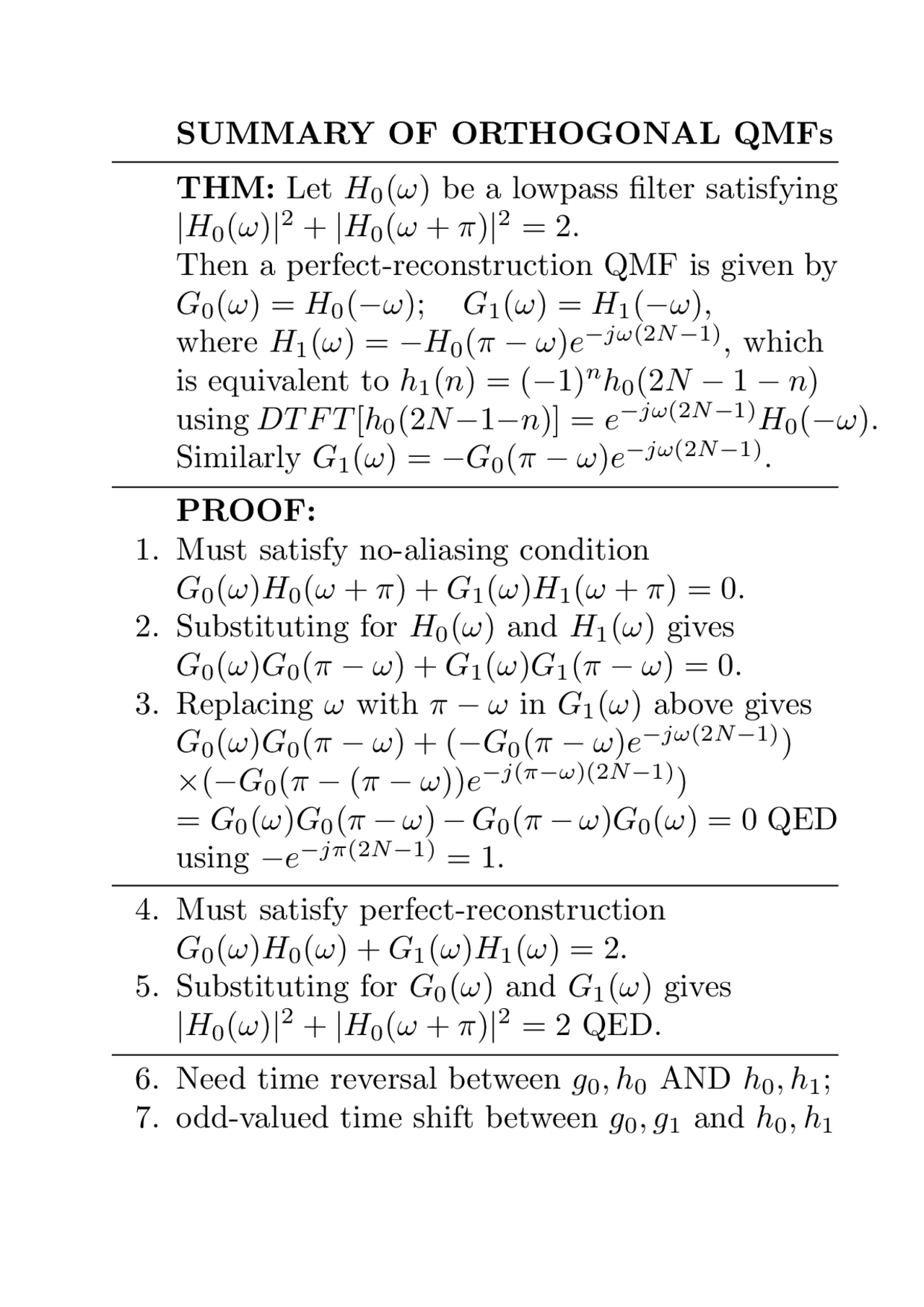 Summary Of Orthogonal Qmfs Lecture Notes Eecs 551 Docsity