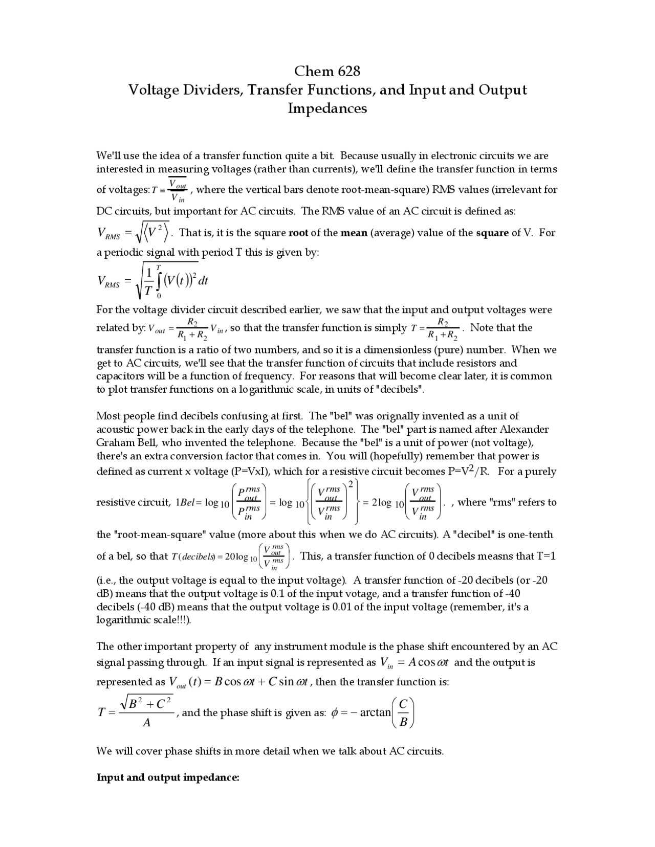 Voltage Dividers Transfer Functions And Input And Output Impedances