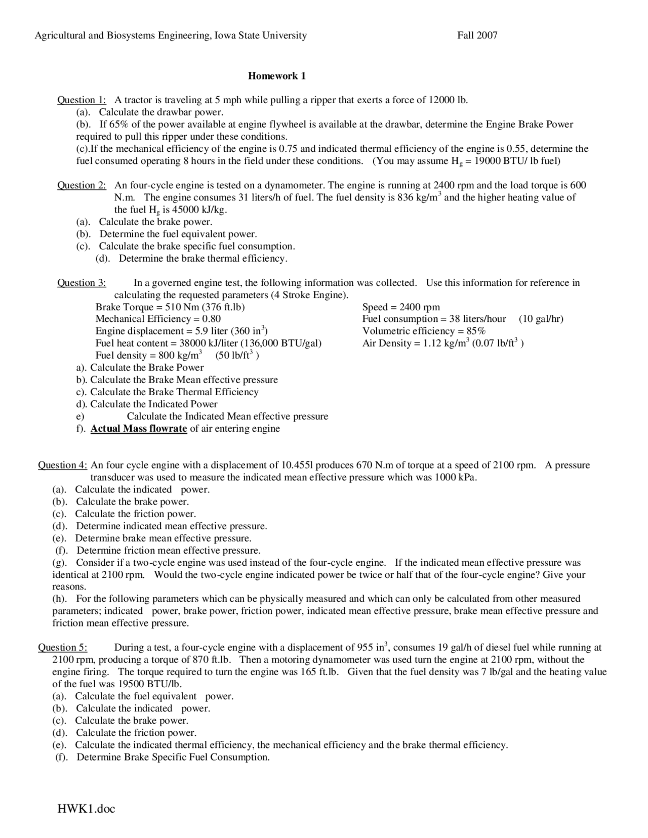 Assignment 1 For Tractor Power Tsm 335 Docsity