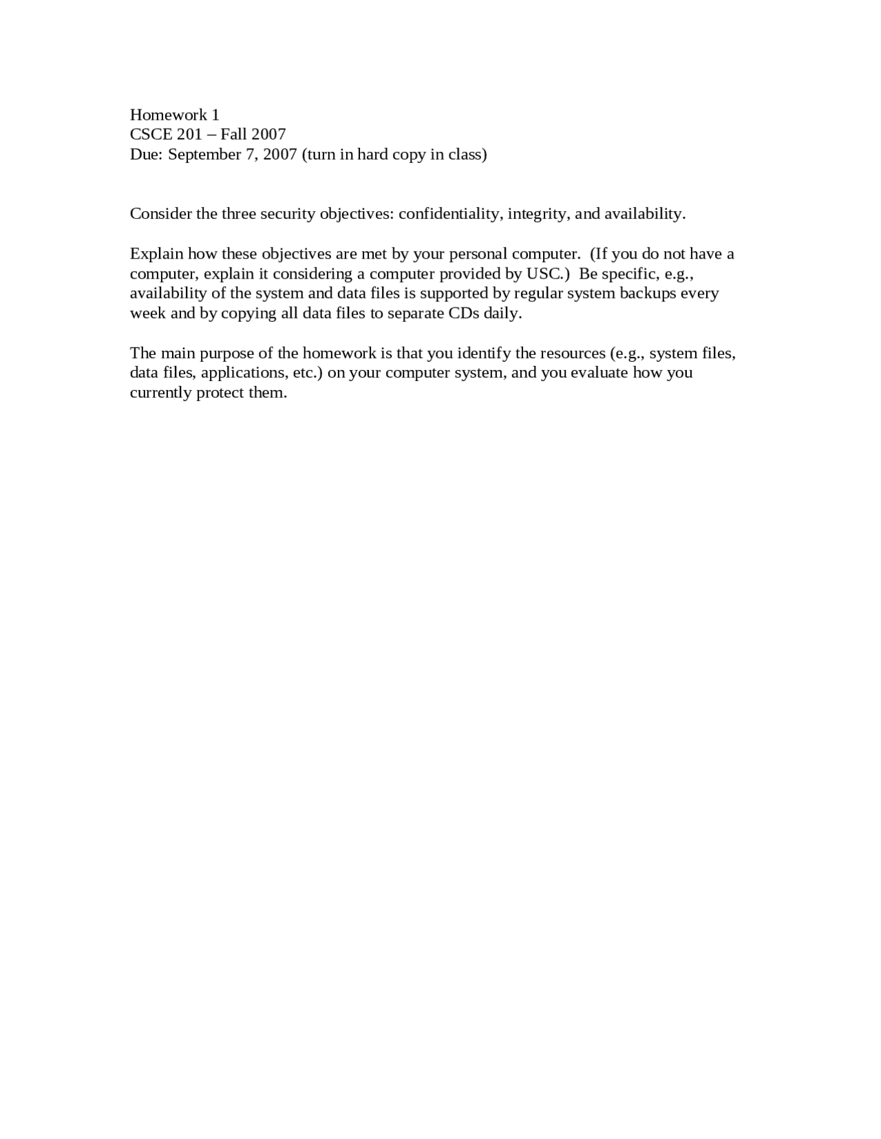 CSCE 201 Homework: Security Objectives and Personal Computer Protection ...