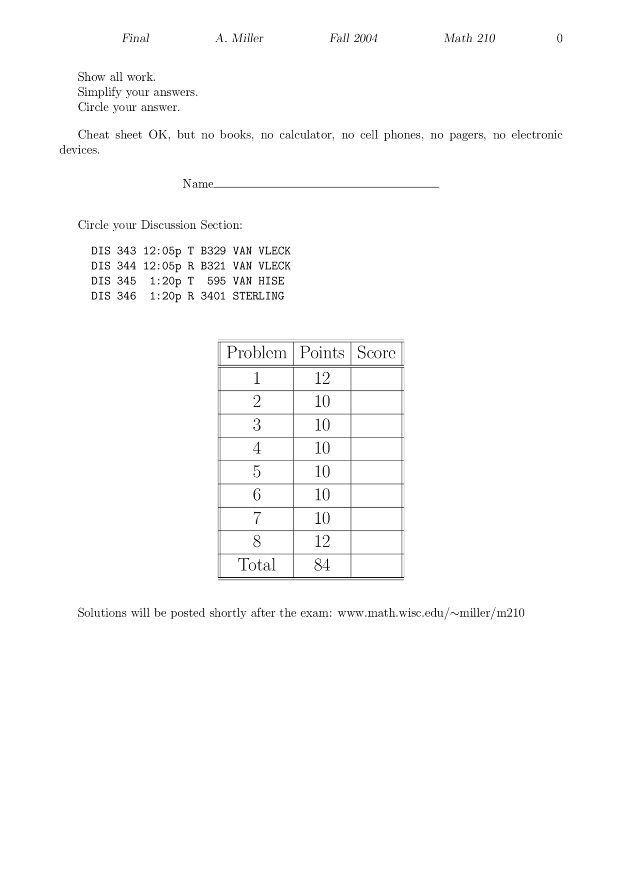 Final Exam Finite Mathematics Fall 2004 Math 210 Docsity