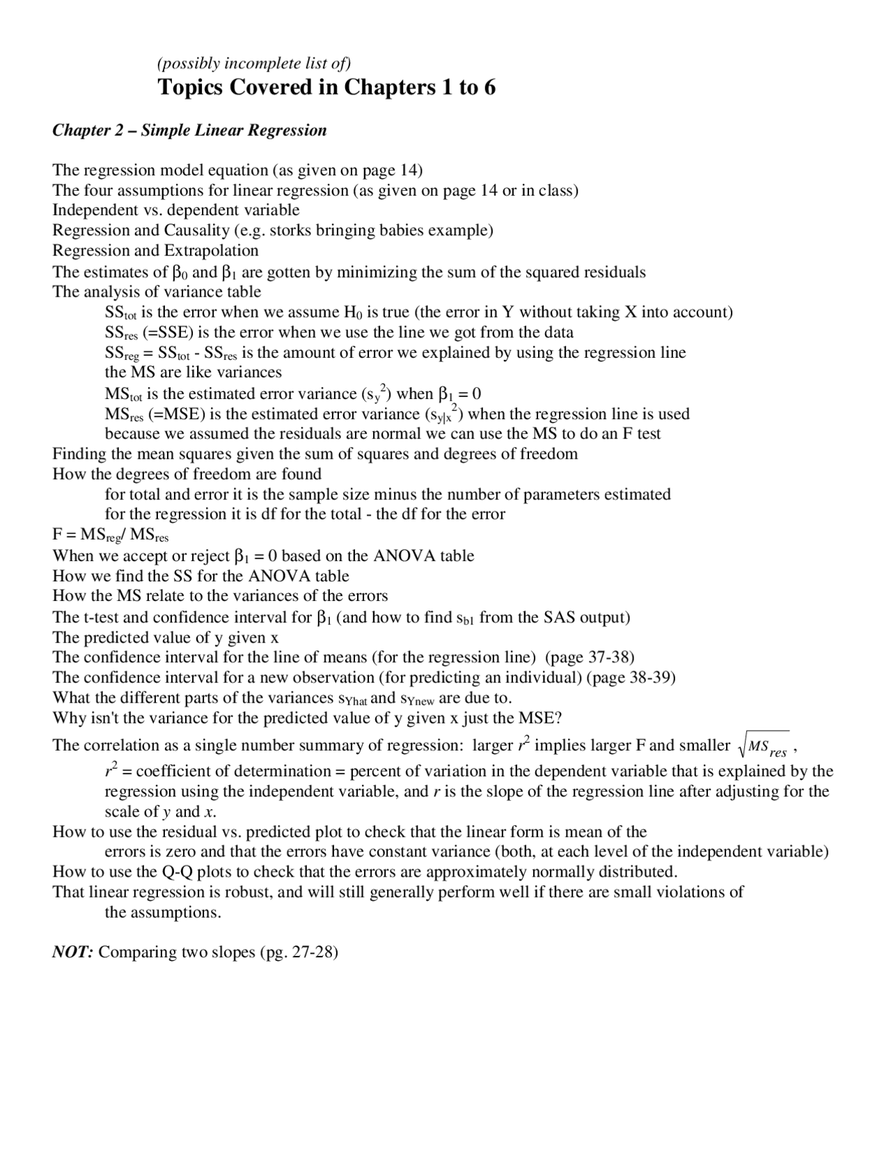 Simple Linear Regression Statistical Methods Ii Review Sheet Stat 516 Docsity