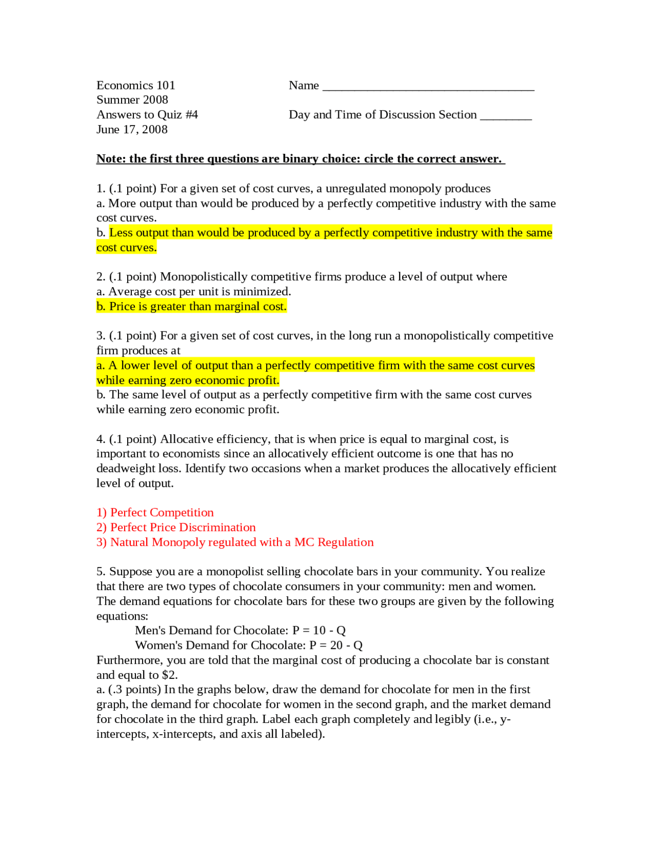 Quiz With Answer For Principles Of Microeconomics Econ 101 Docsity