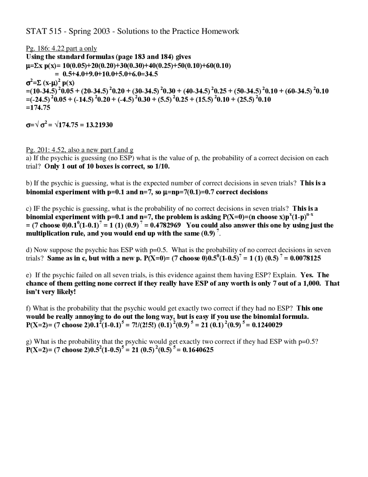Statistics Methods I Solutions For Practice Homework Stat 515 Docsity