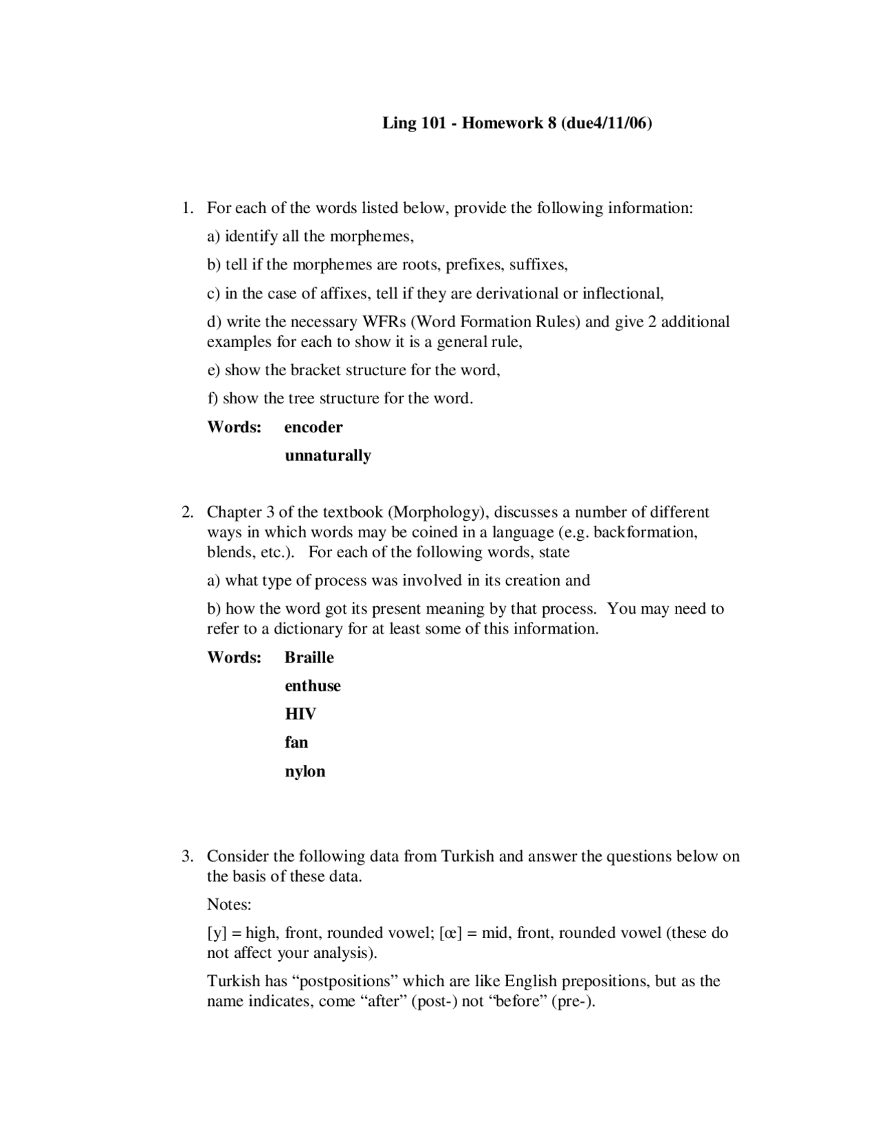 Morphemes Homework 8 Introduction To Linguistics I Ling 101 Docsity