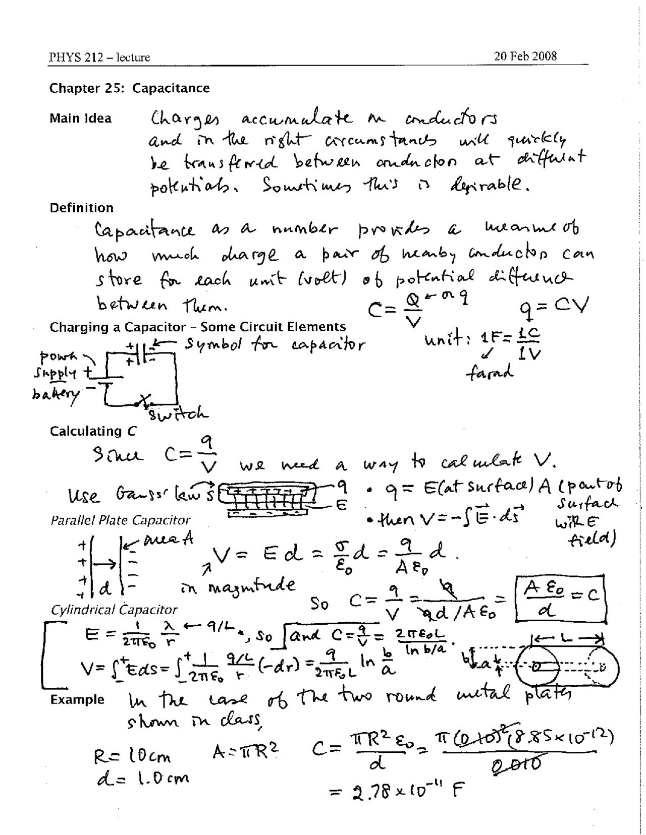 Capacitance - Physics for Science and Engineering II - Handout | Phys 212 - Docsity