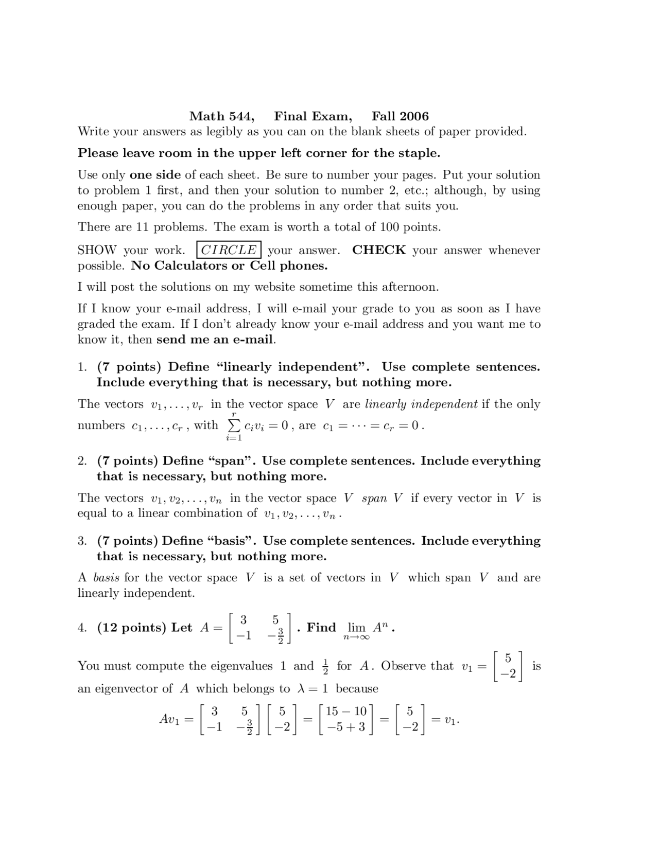 Final Exam Practice - Linear Algebra | MATH 544 - Docsity