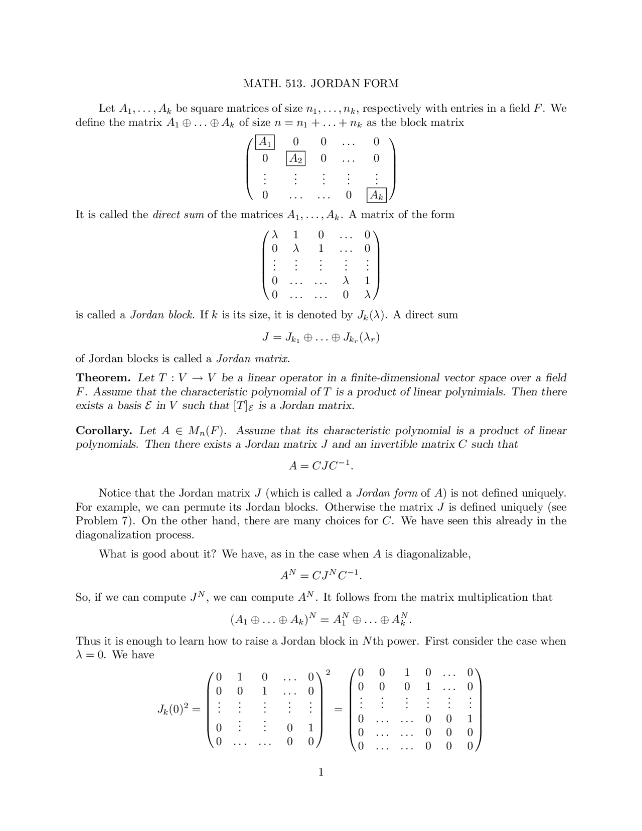 Notes on Jordan Form - Introduction Linear Algebra | MATH 513 - Docsity