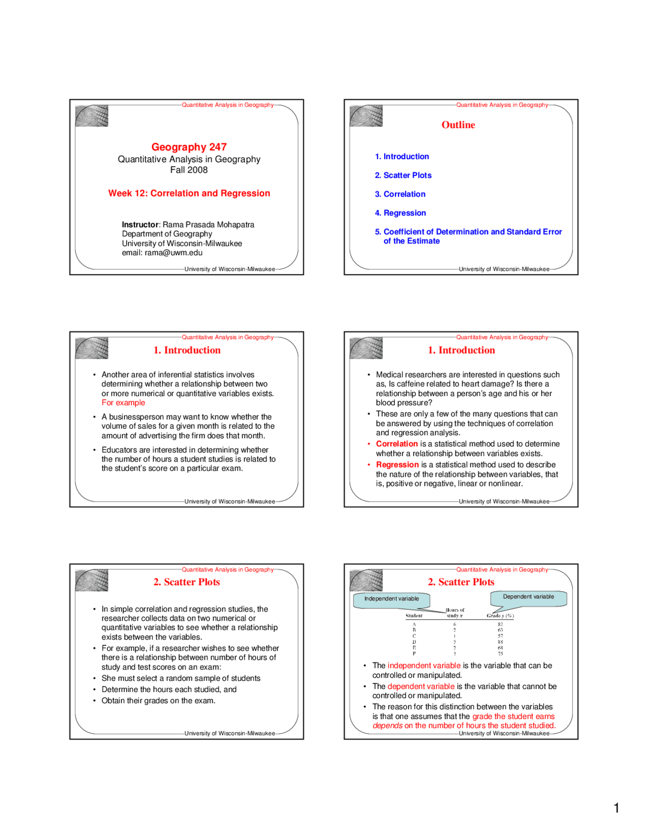 Correlation And Regression Lecture Slides Geog 247 Docsity
