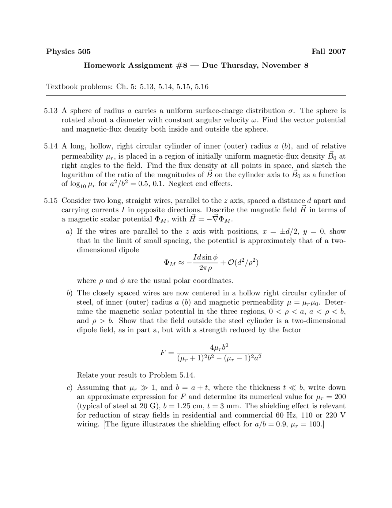 Electricity And Magnetism I Assignment 8 Questions Fall 2007