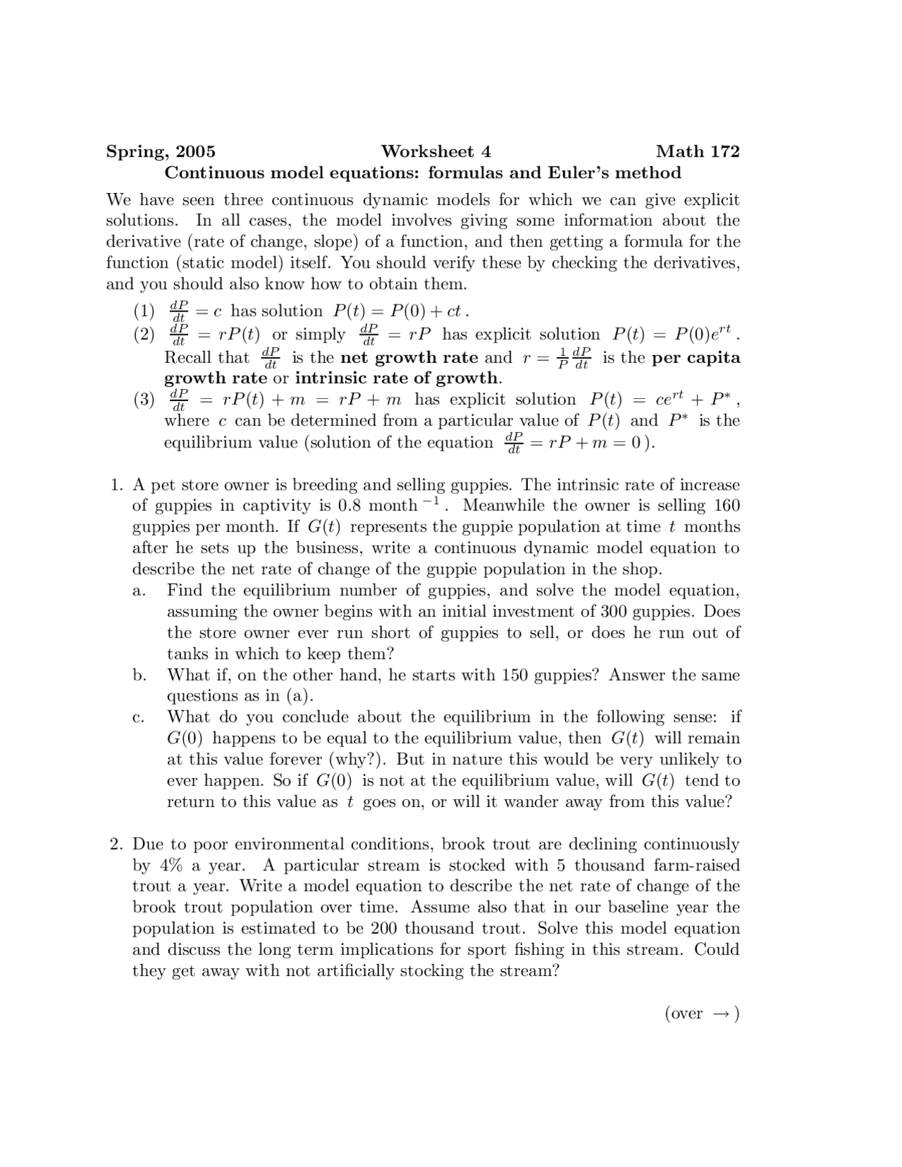 Worksheet 4 Mathematical Modeling Of Life Science Math 172 Docsity