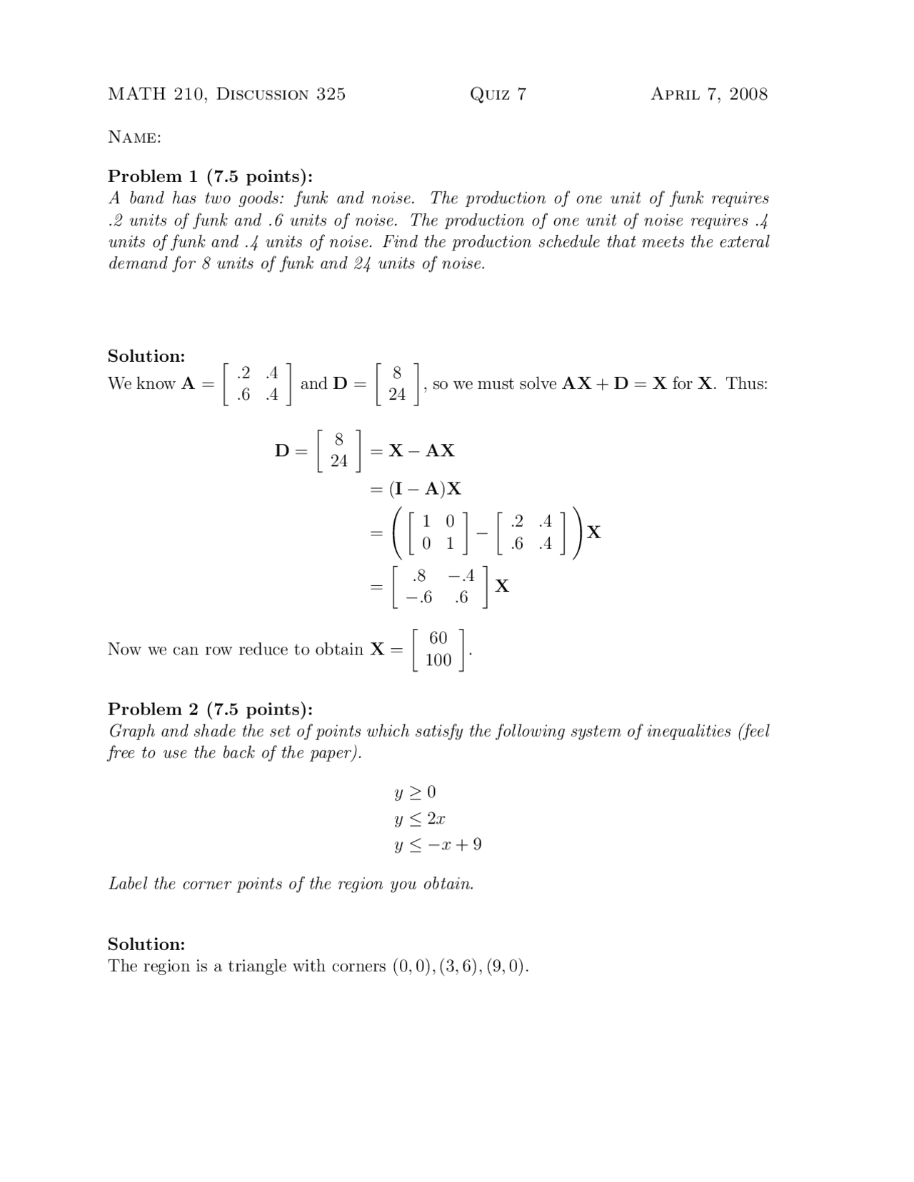 Solved Quiz 7 for Topics in Finite Mathematics | MATH 210 - Docsity