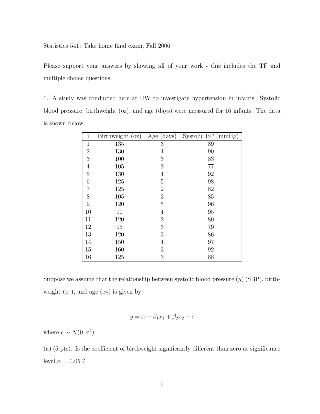 Take Home Final Exam Introduction To Biostatistics Stat 541 Docsity