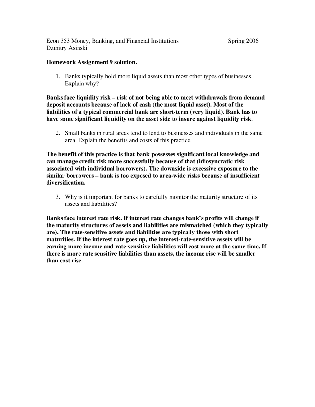 Money, Banking and Financial Institutions: Homework Assignment 9 Solutions | Assignments ...