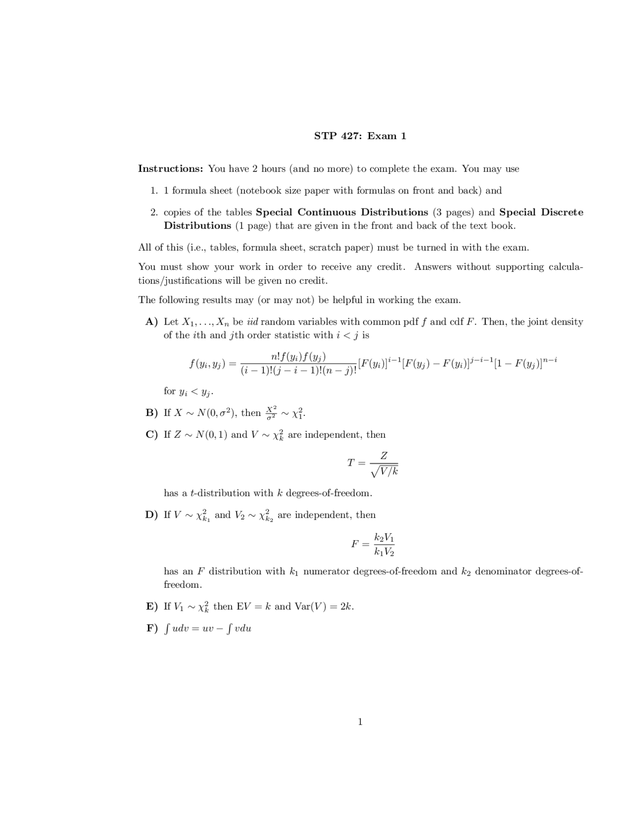 Exam 1 Problems Mathematical Statistics Stp 427 Docsity