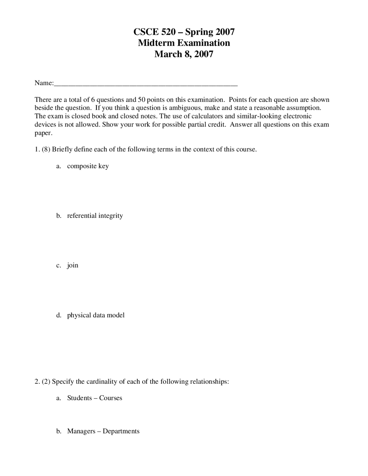 Questions On Database Design Midterm Exam Csce 520 Docsity