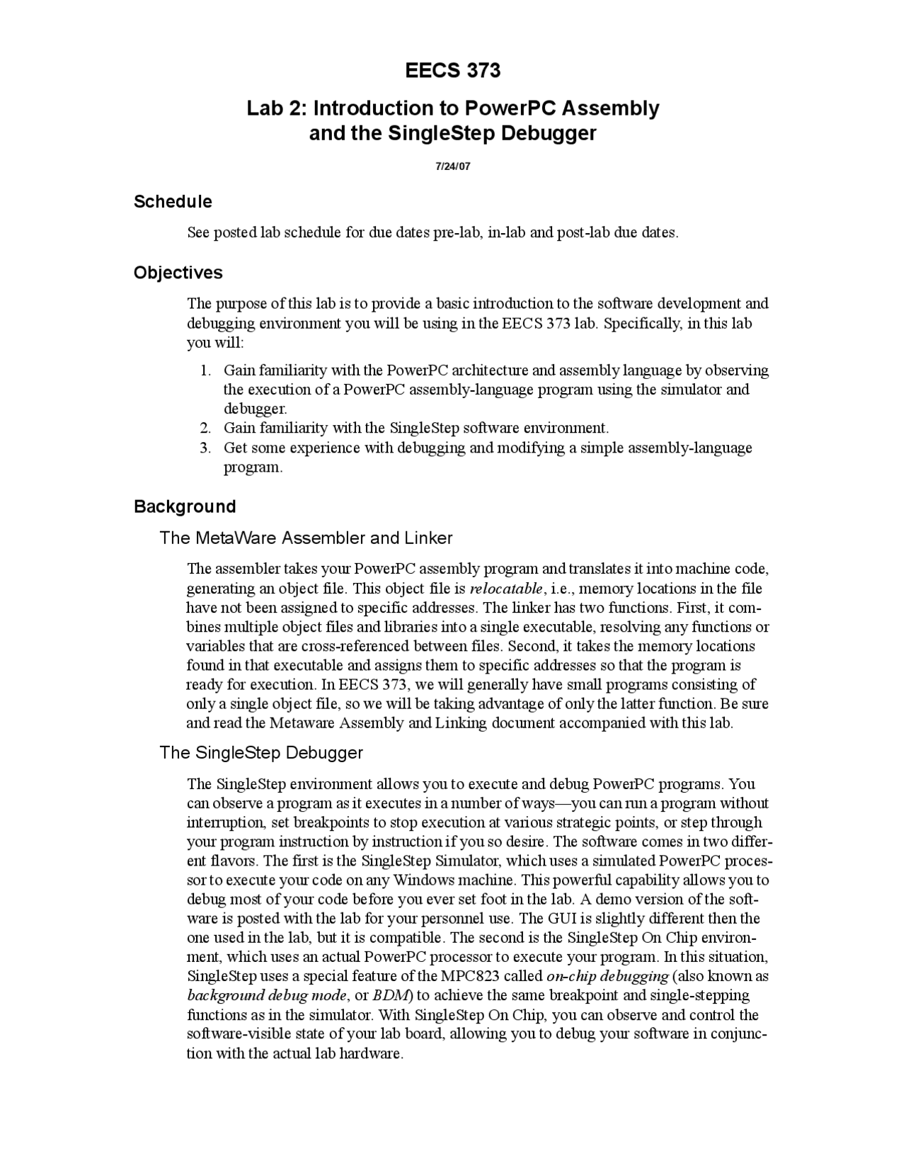 Introduction To Power Pc Assembly And The Single Step Debugger Eecs 373 Docsity