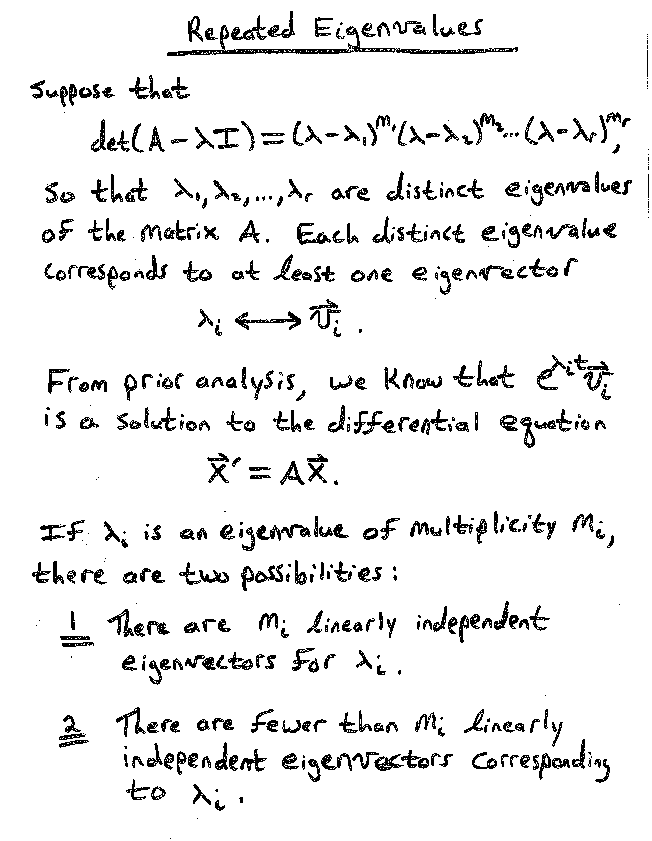 Handwritten Notes On Repeated Eigenvalues Math 267 Docsity