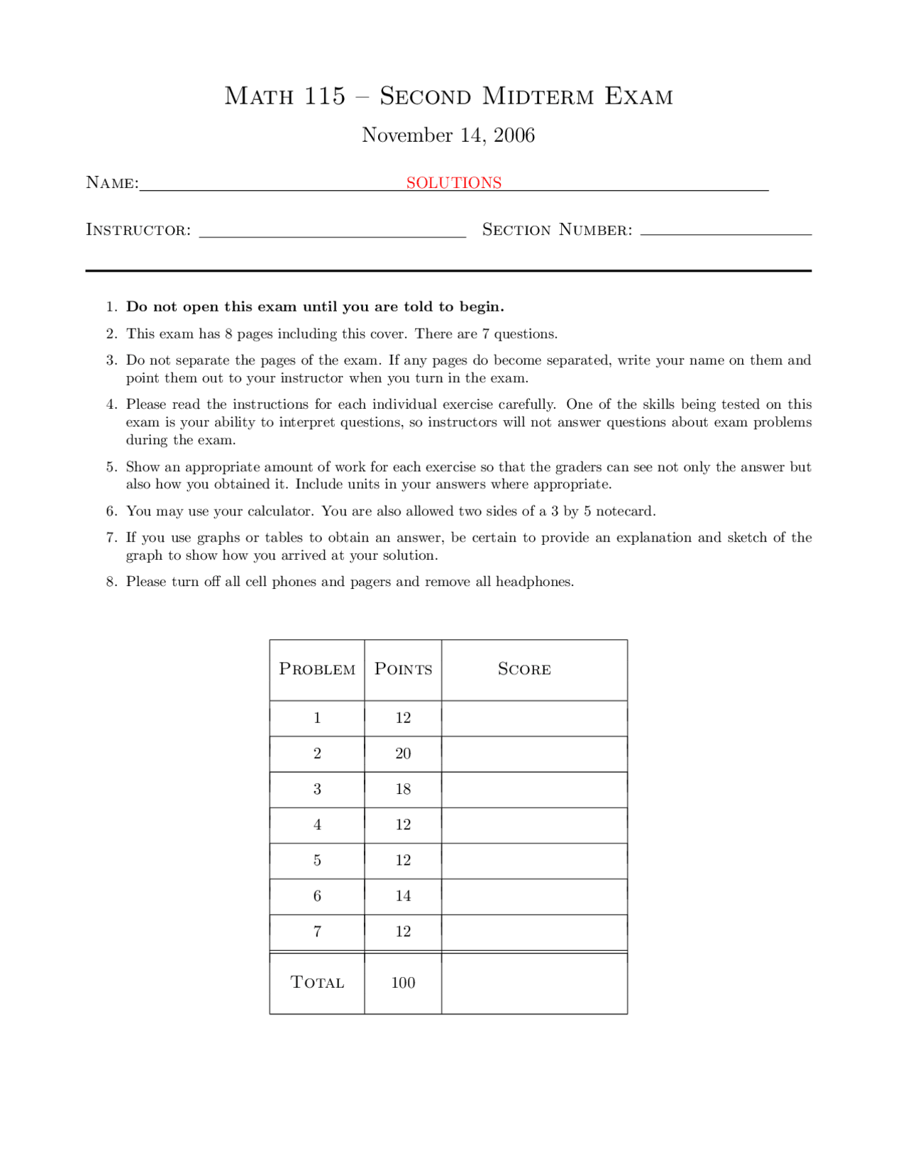 7 Questions with Answer Midterm Exam - Calculus I | MATH 115 - Docsity