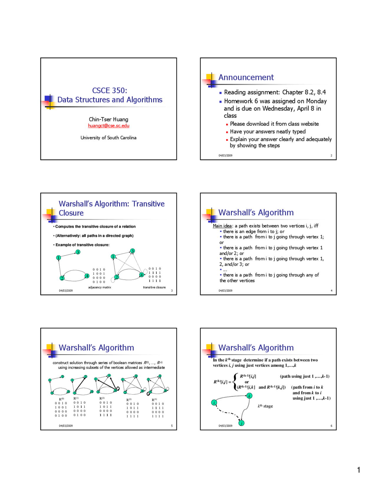 Warshall's Algorithm: Transitive Closure - Slides | CSCE 350 | Study ...