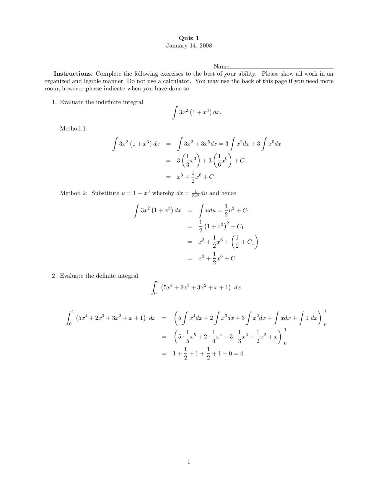 Quiz 1 with Solution for Calculus II | MATH 142 - Docsity