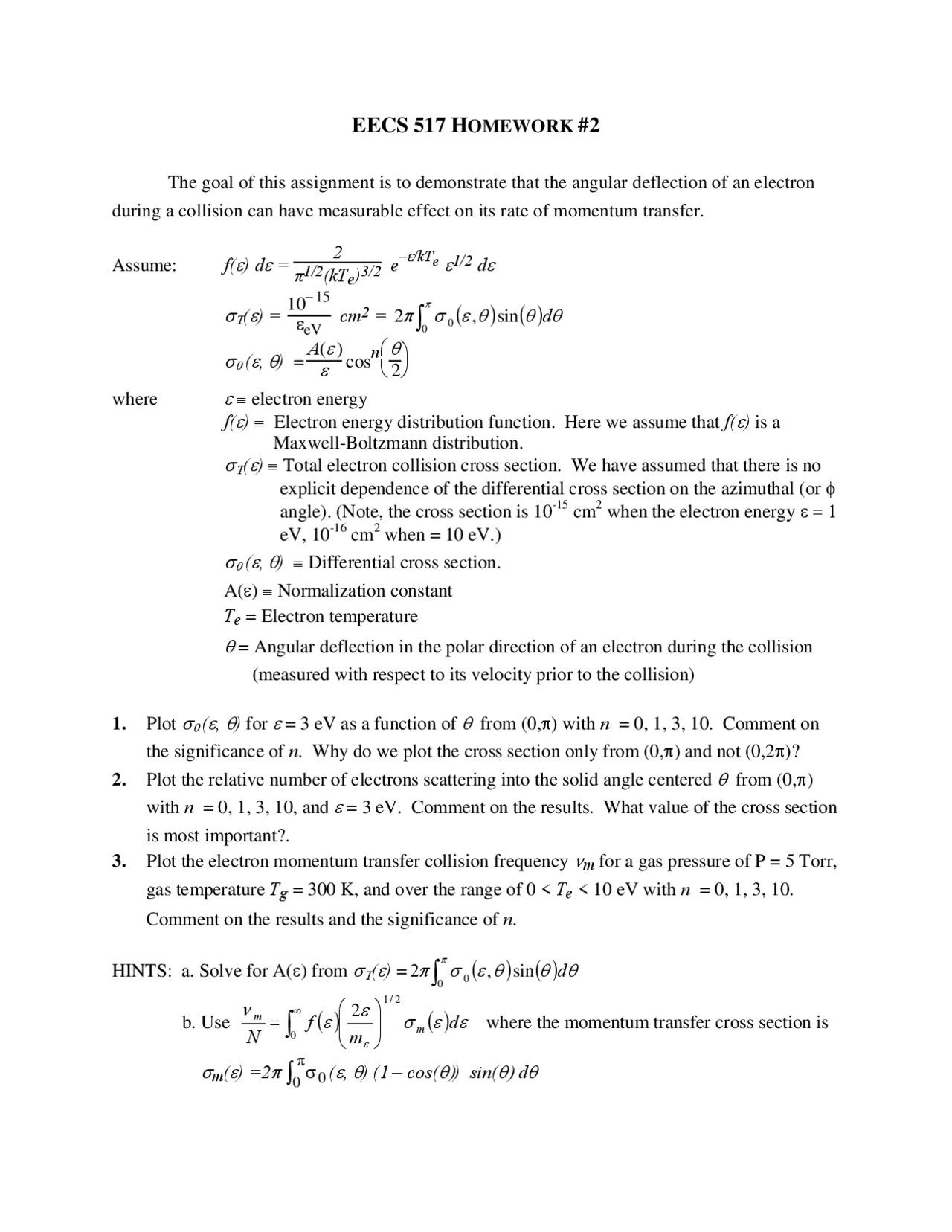 Homework 2 With Solutions Processes Plasma Eecs 517 Docsity