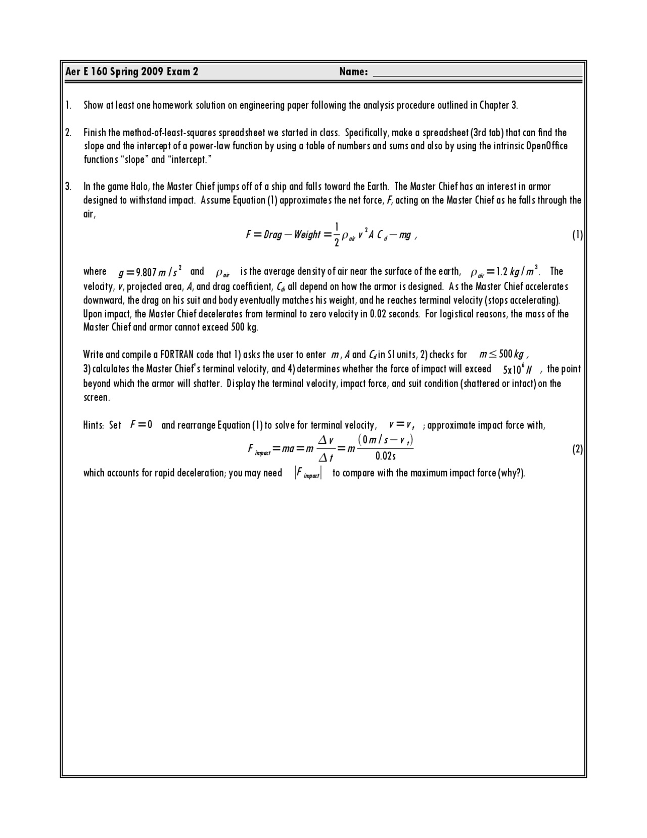 Exam 2 Review Sheet - Aerospace Engineering Problems | AER E 160 ...