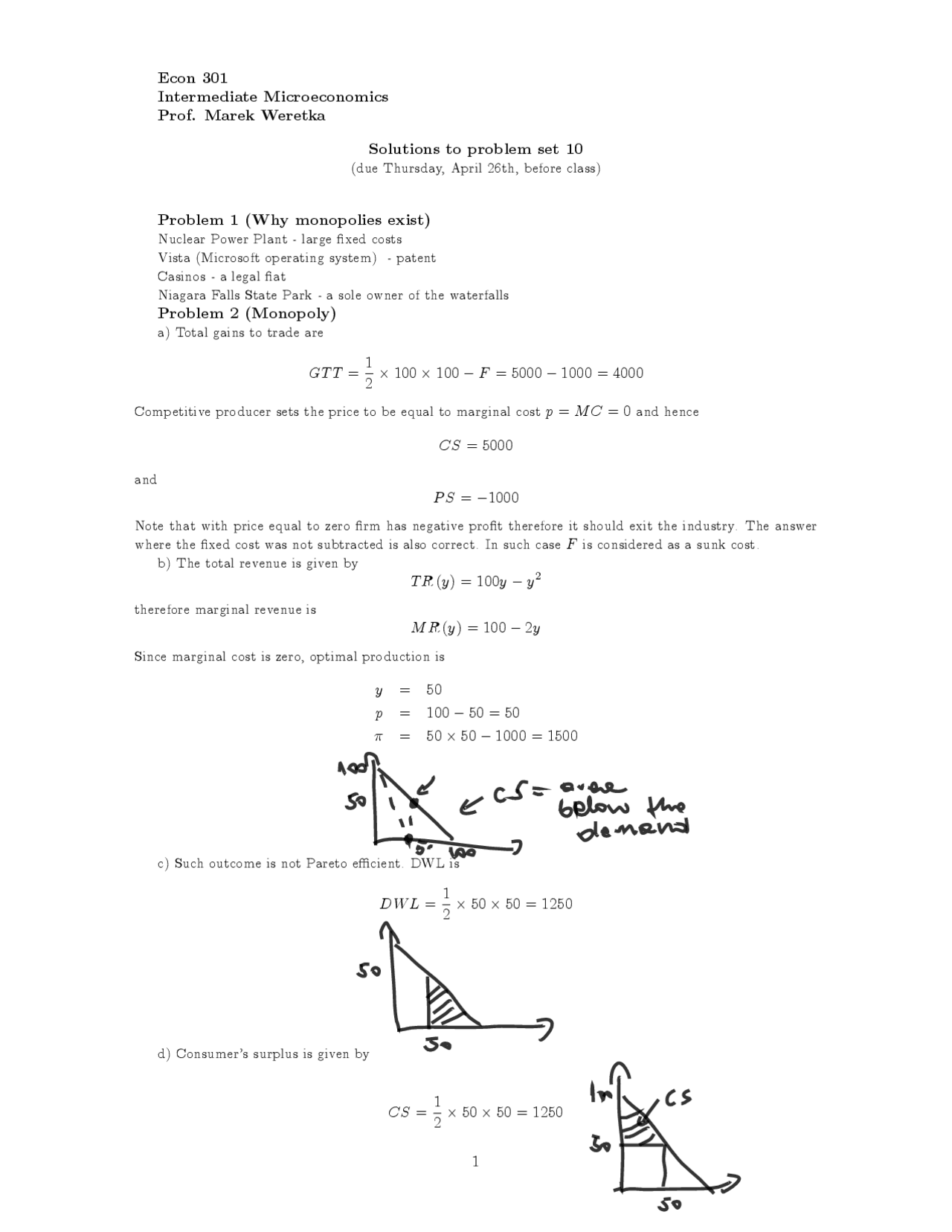 Solutions To Problem Set 10 Intermediate Microeconomic Theory Econ