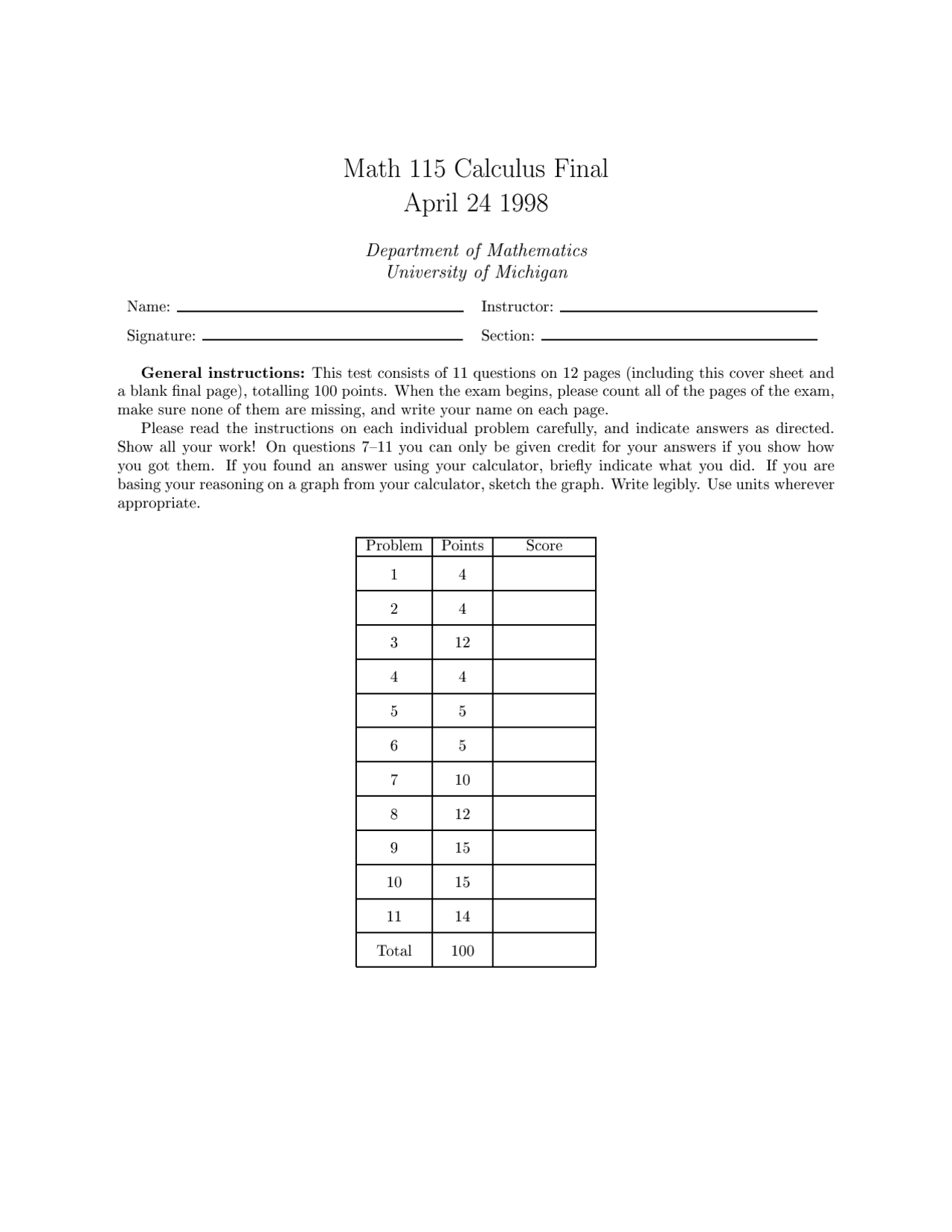 Practice Final Exam Calculus I Math 115 Docsity