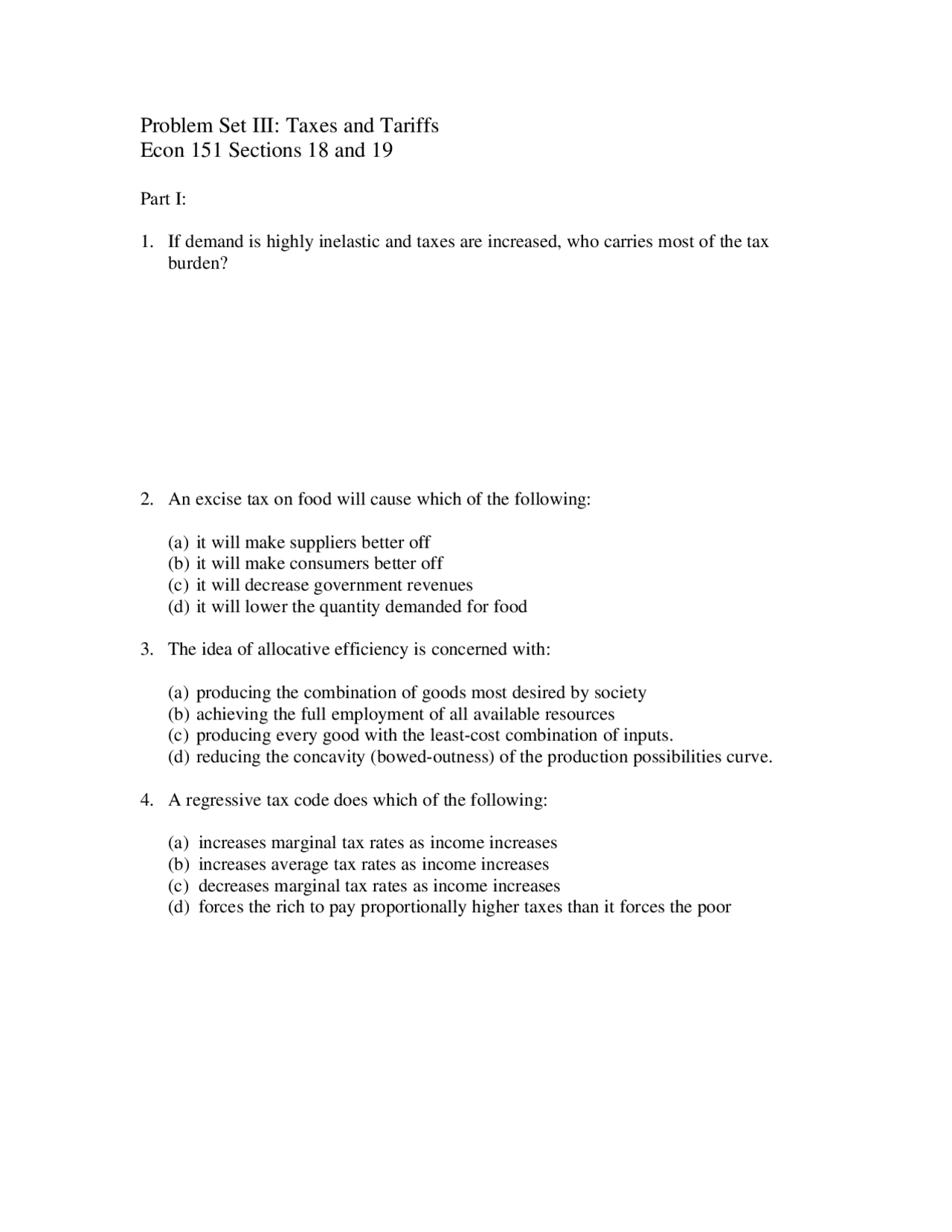 Problem Set Iii Taxes And Tariffs Introduction To Microeconomics
