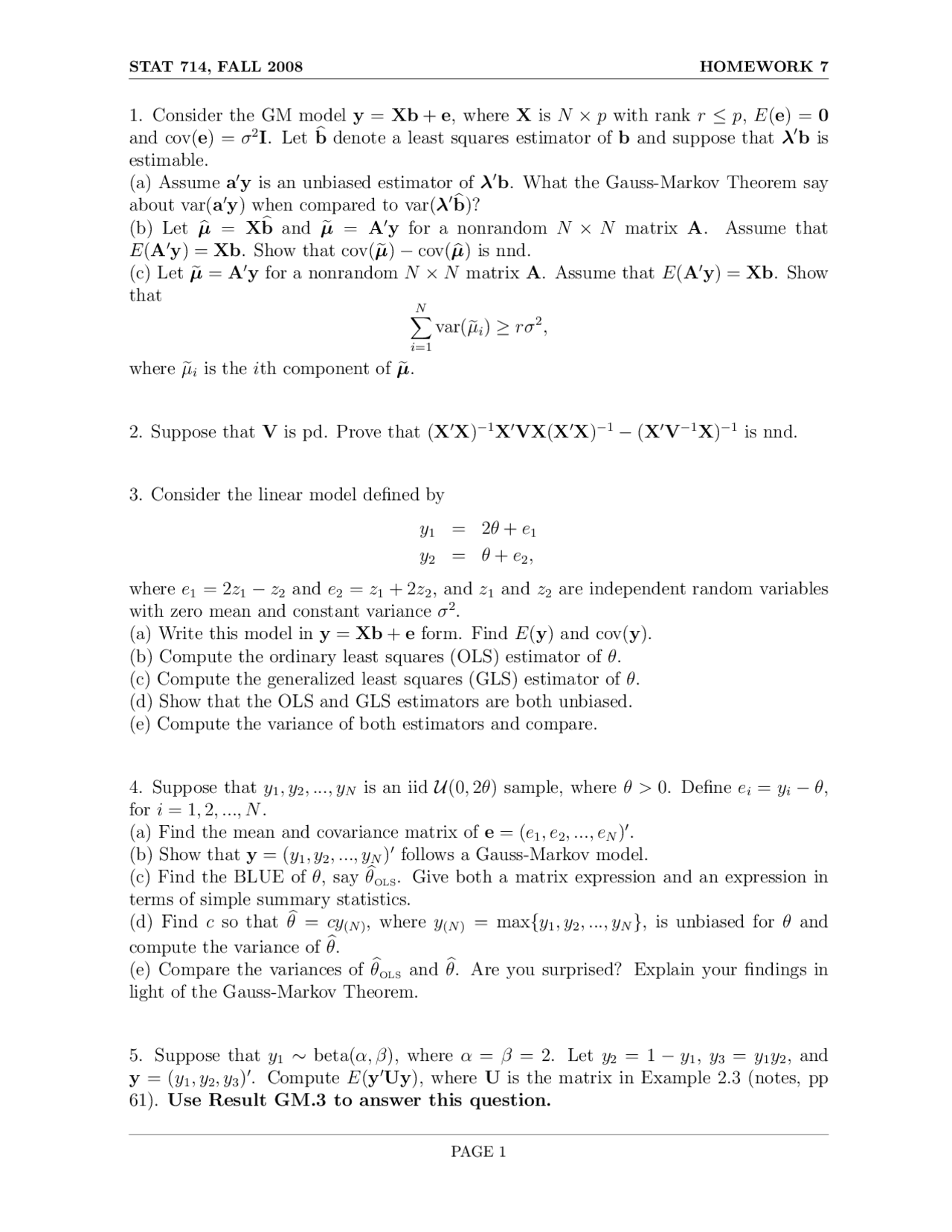 7 Questions For Assignment 7 Linear Statistical Models Stat 714