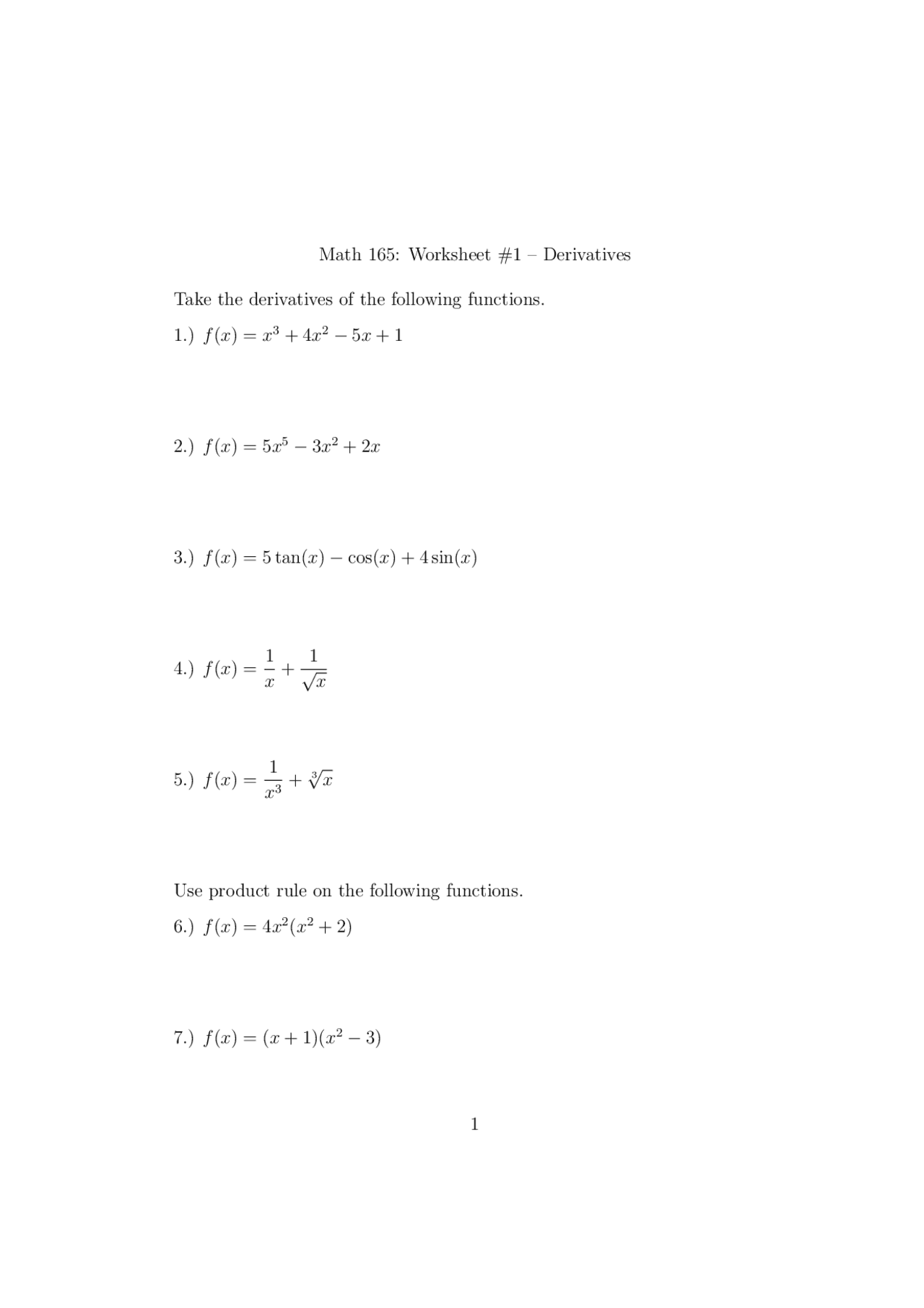 18 Questions On Derivative Of The Function Worksheet 1 Math 165