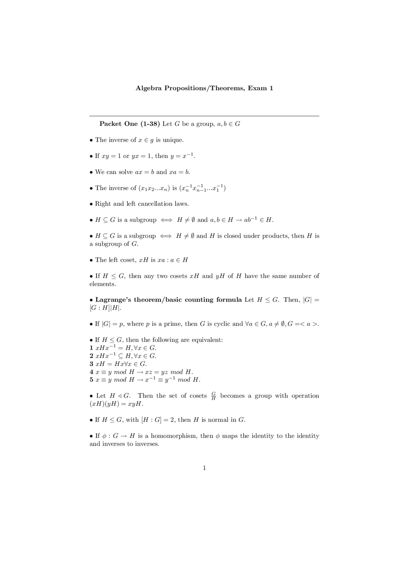 Algebra Propositions Theorems Exam 1 Math 115b Docsity