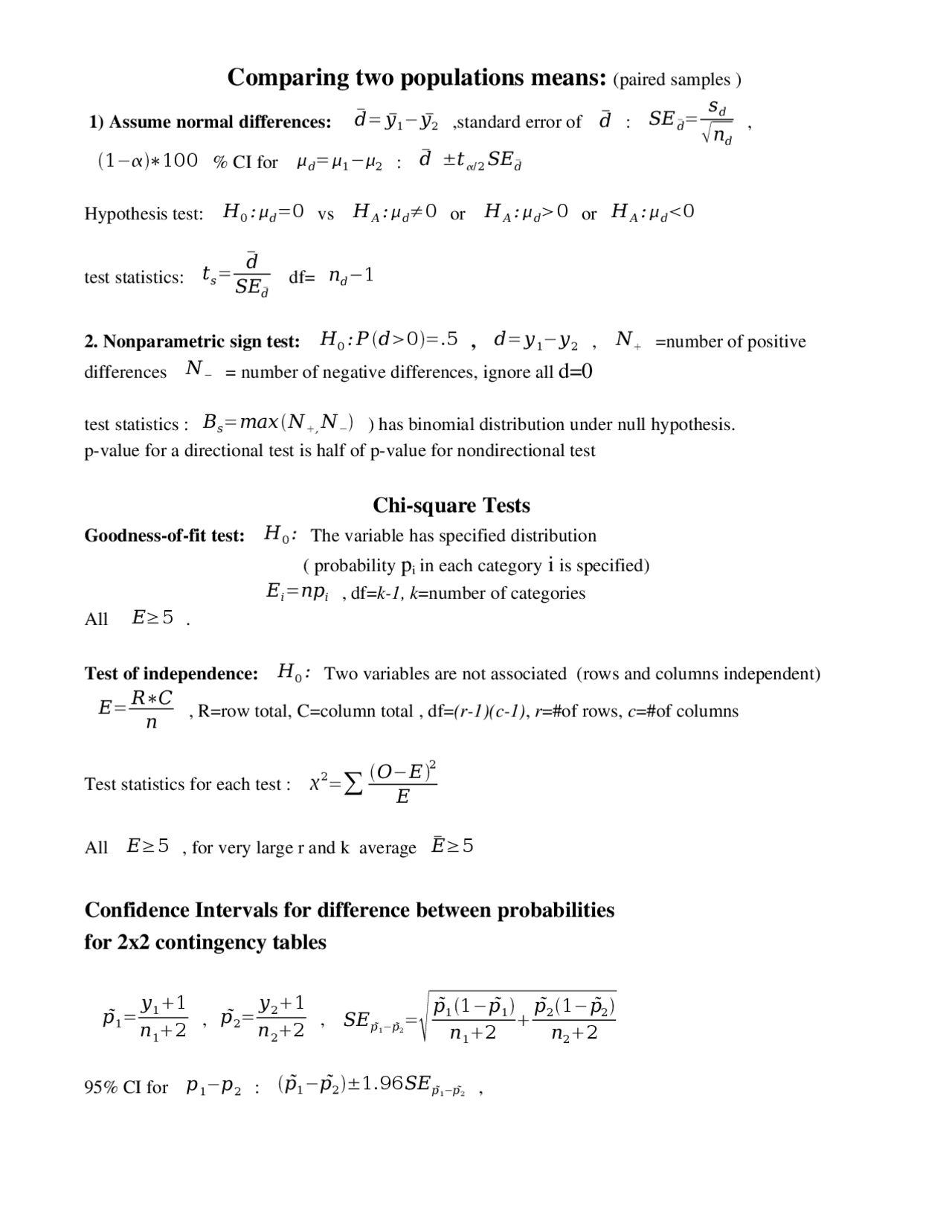 Comparing Two Populations Means – Paired Samples - Crib Sheet | STP 231 ...