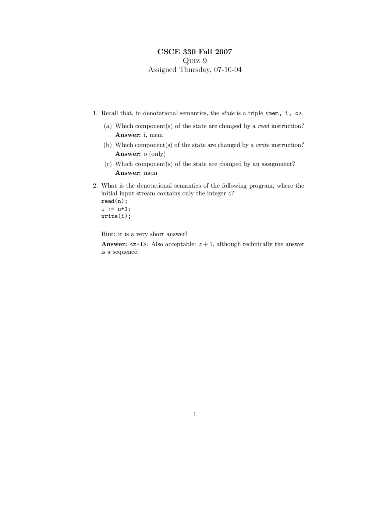 Quiz 9 With Solution For Programming Language Structures Csce 330 Docsity