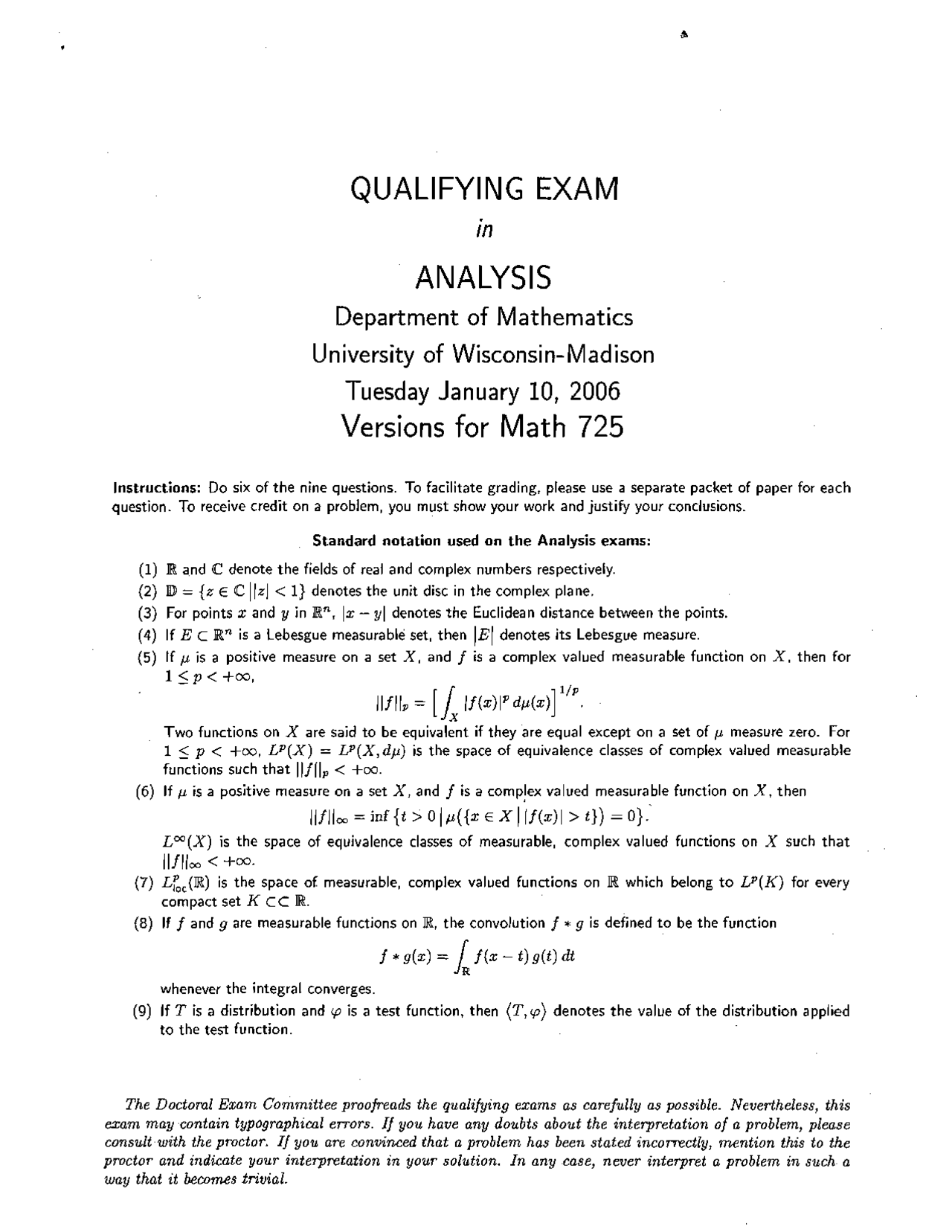 Qualifying Exam in Analysis - Fall 2006 | MATH 725 - Docsity