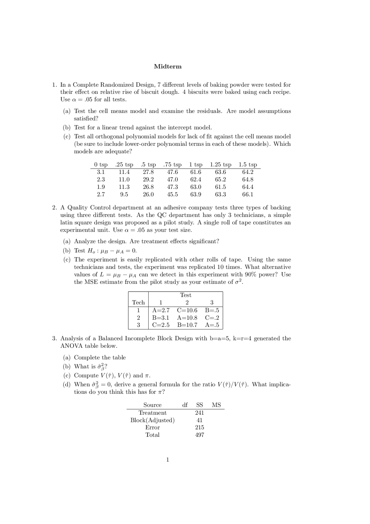 Midterm Exam For Experimental Design Stat 706 Docsity