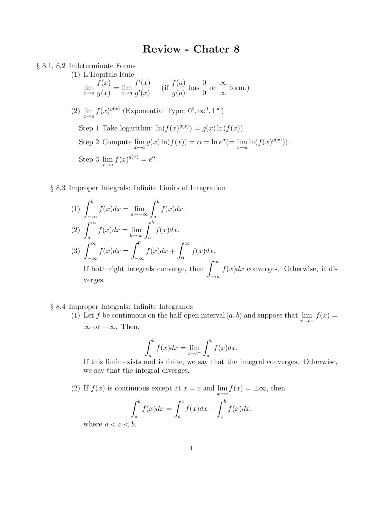 Chapter 8 Review Sheet Calculus Ii Math 166 Docsity