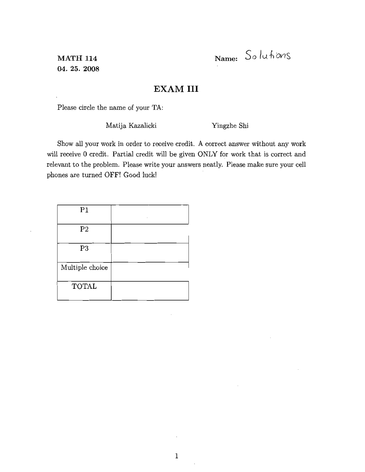 Exam 3 With Solution Algebra And Trigonometry Math 114 Docsity
