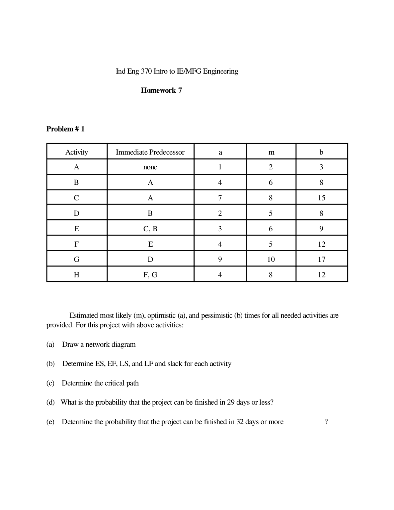 Introduction To Operations Analysis Problem Set 7 Ind Eng 370 Docsity