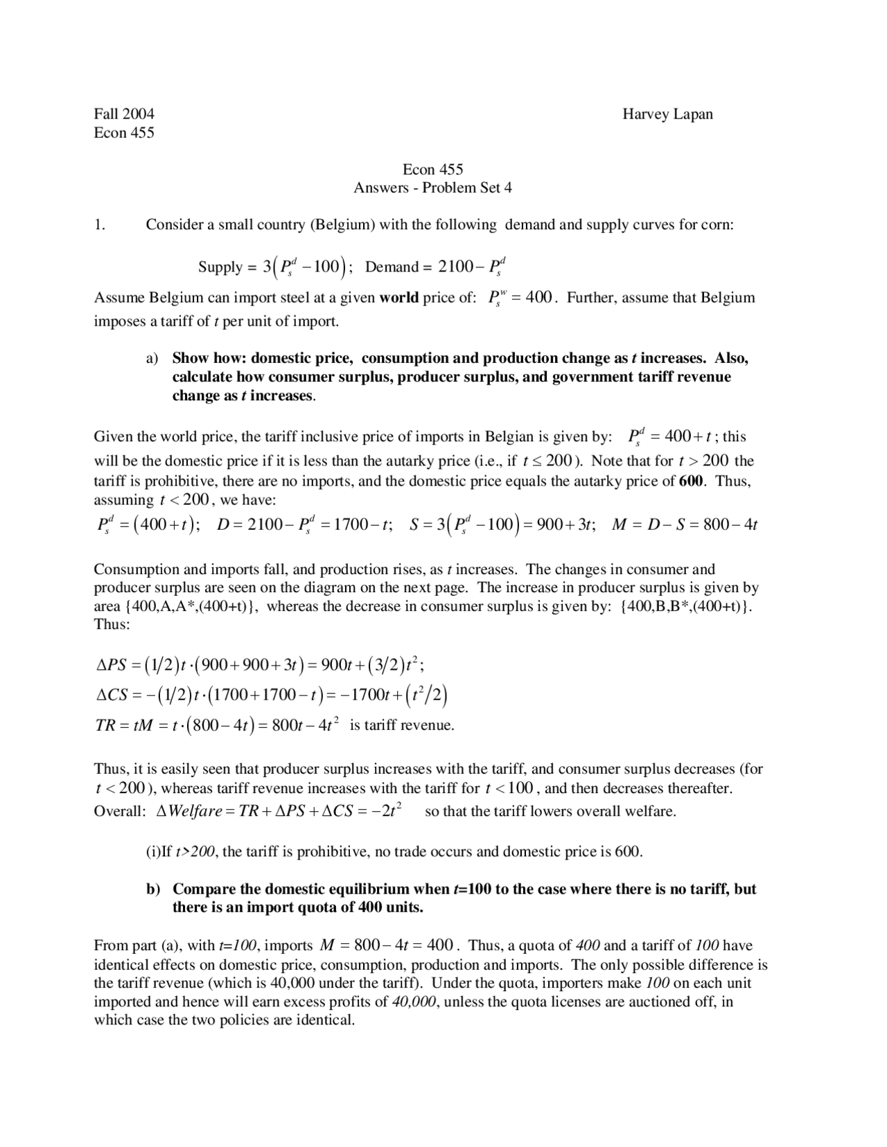 International Trade Answers For Problem Set 4 Econ 455 Docsity