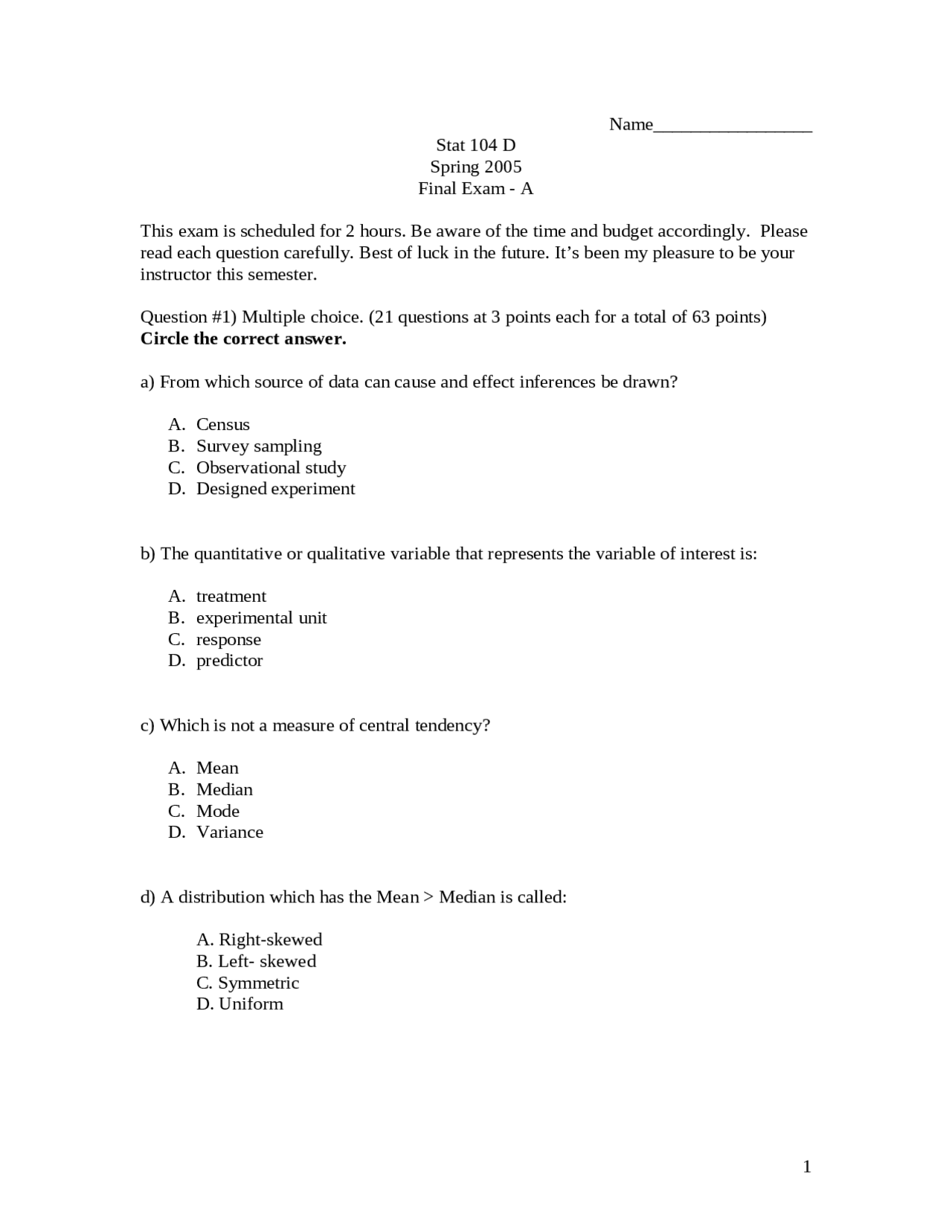 Final Exam Question Introduction To Statics Fall 2005 Stat 104
