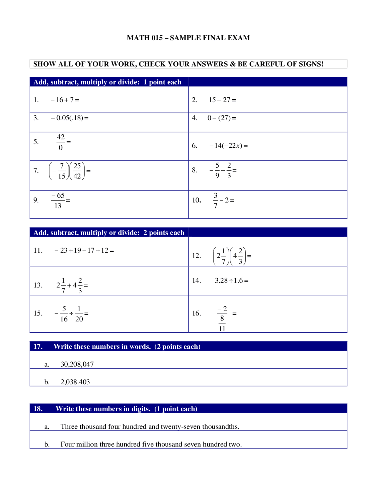Sample Final Exam - Arithmetic/Pre-Algebra | MATH 015 - Docsity