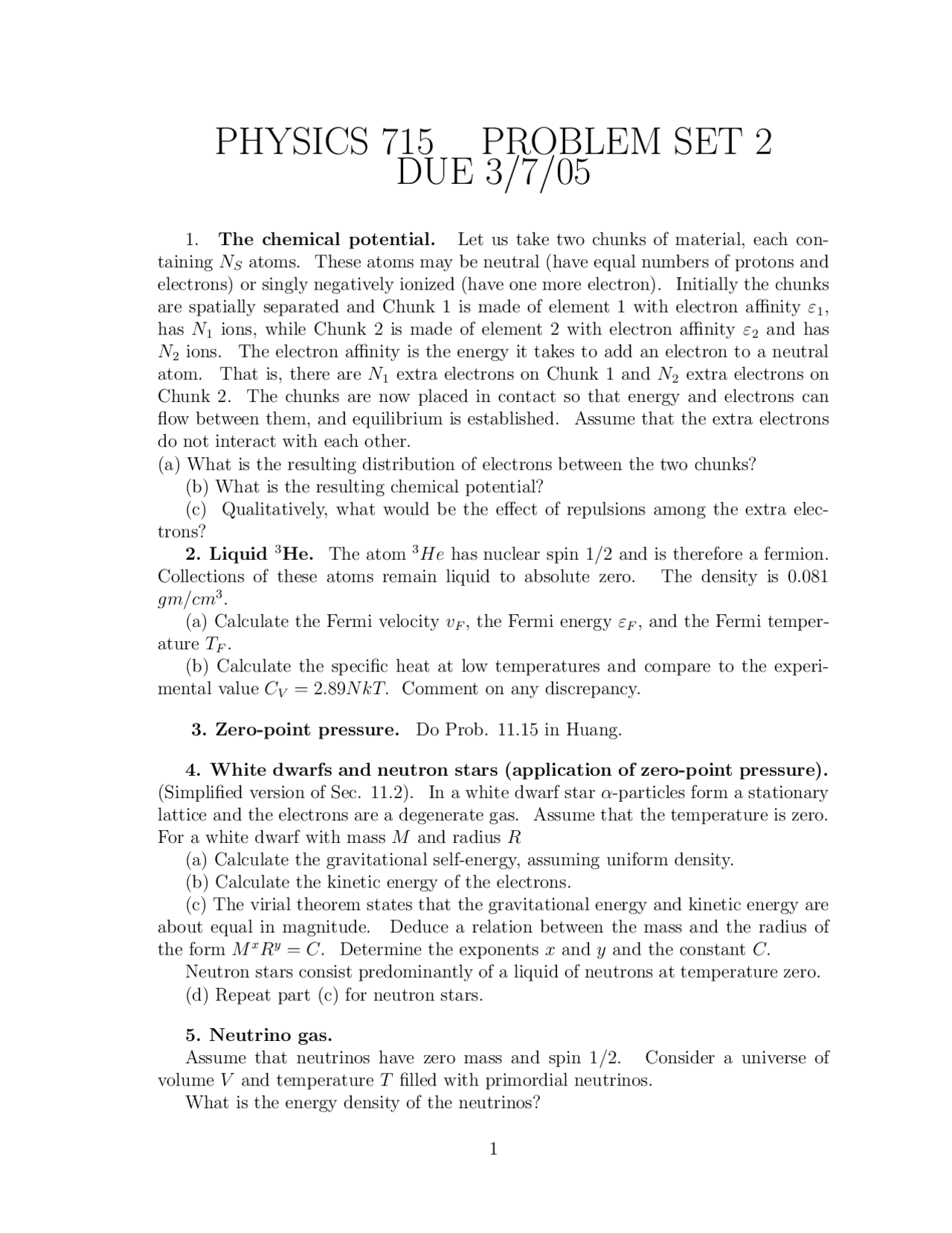 Problem Set 2 - Statistical Mechanics | PHYSICS 715 - Docsity