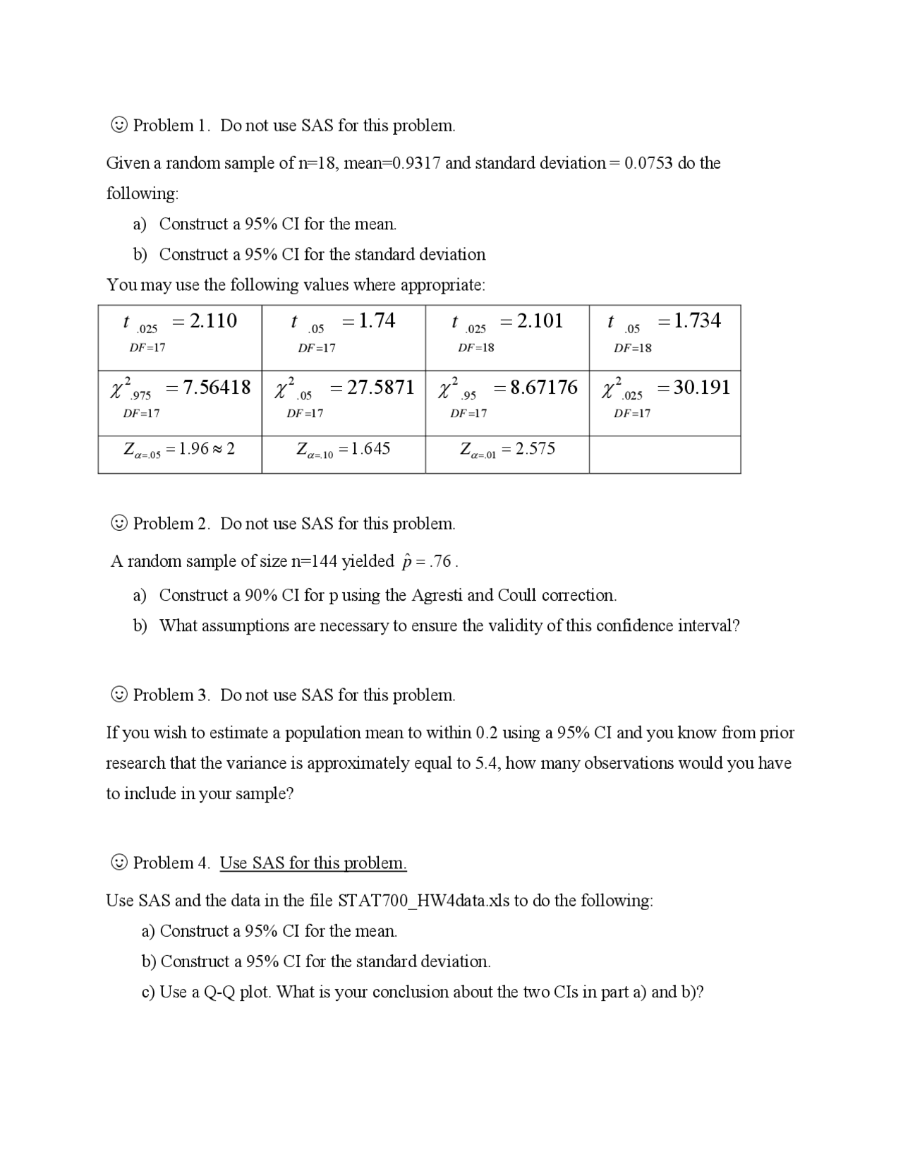 4 Problems For Assignment 4 Applied Statistics I Stat 700 Docsity