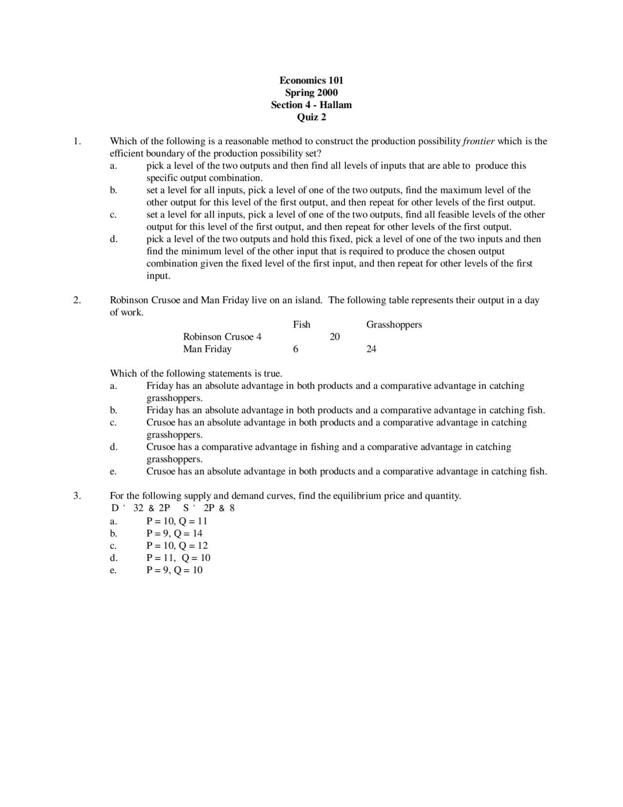 Quiz 2 With Answers Principles Of Microeconomics Econ 101 Docsity
