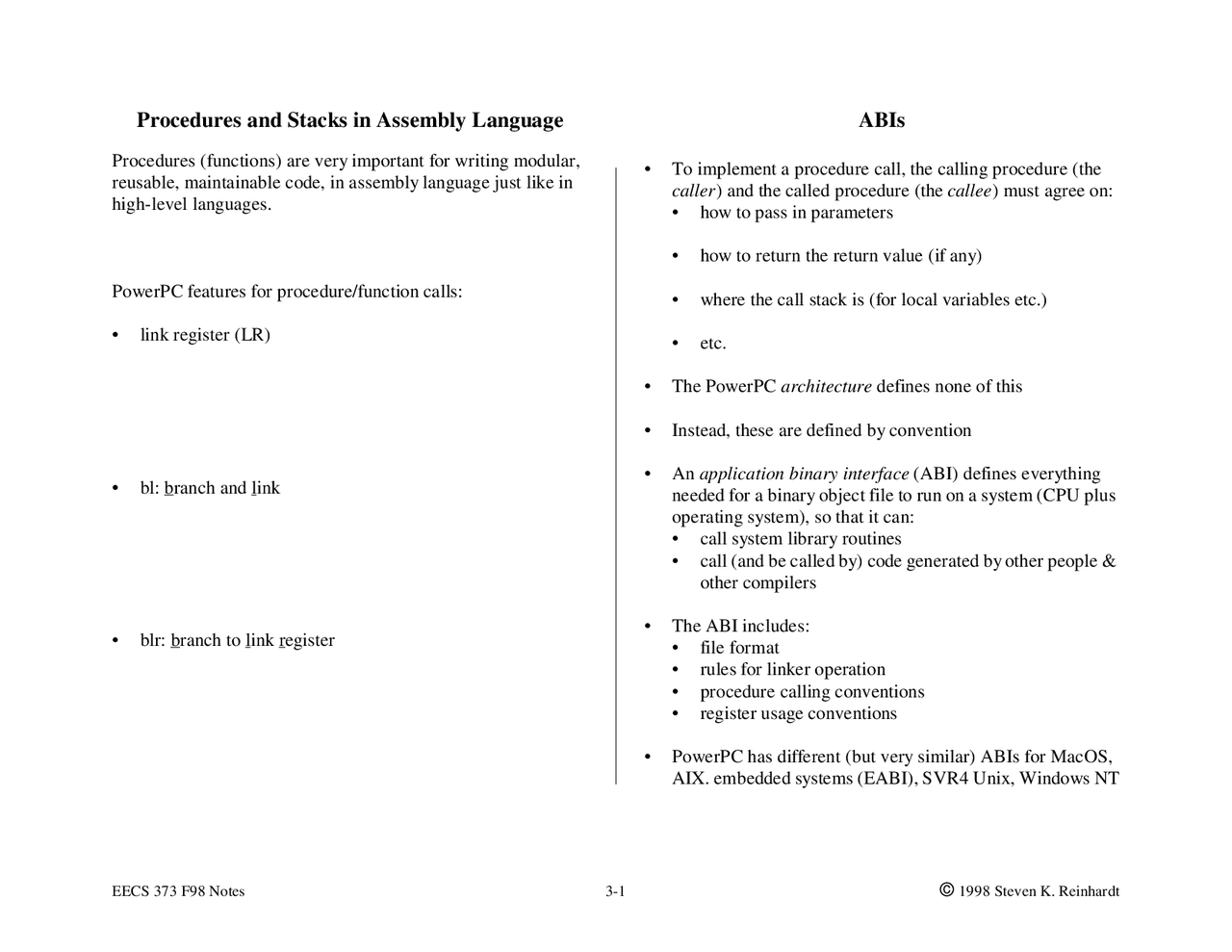Procedures and the stacks in the Assembly Language - Study Guide | EECS 373 - Docsity